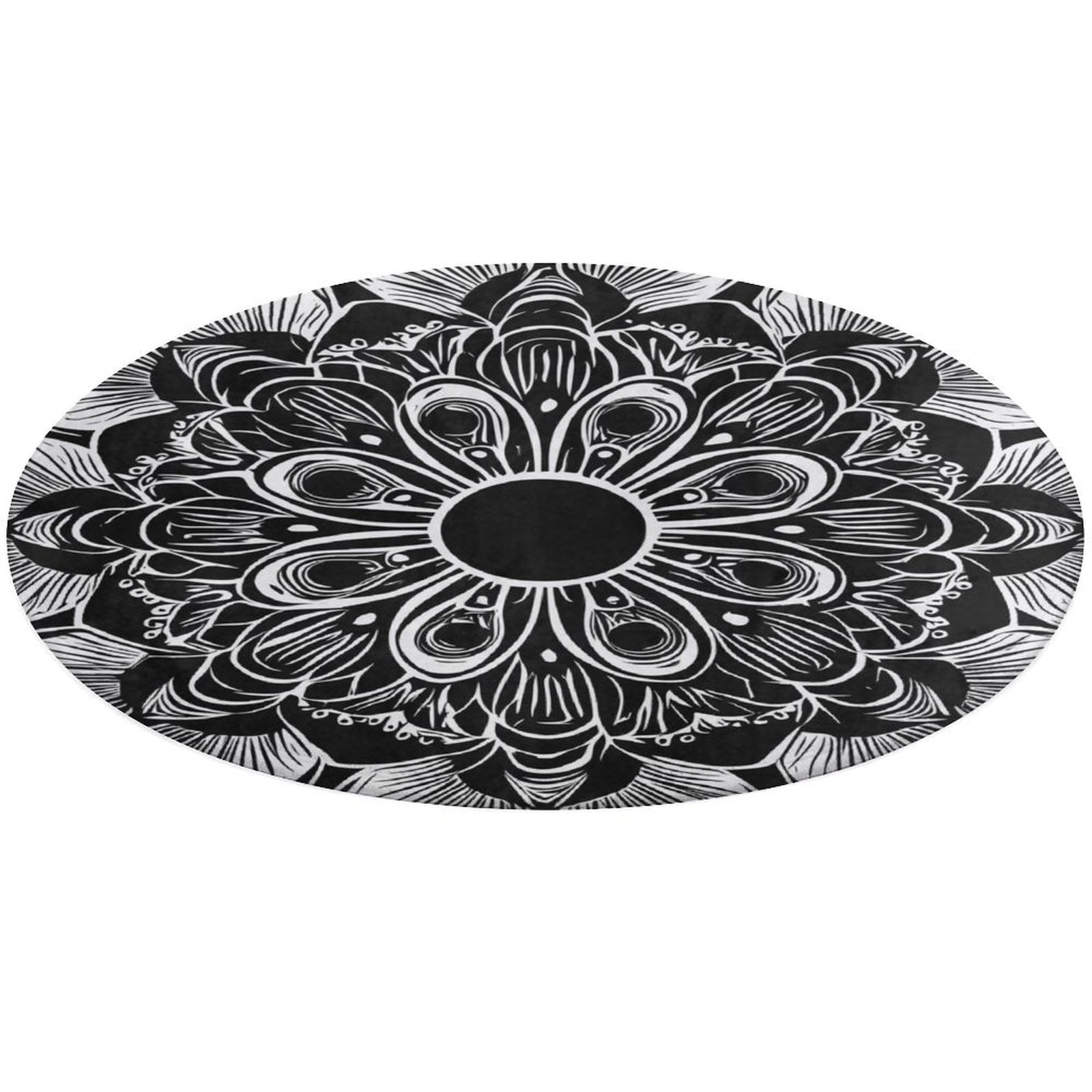 Round Area Rug Intricate Black And White Floral Mandala Art Indoor ...