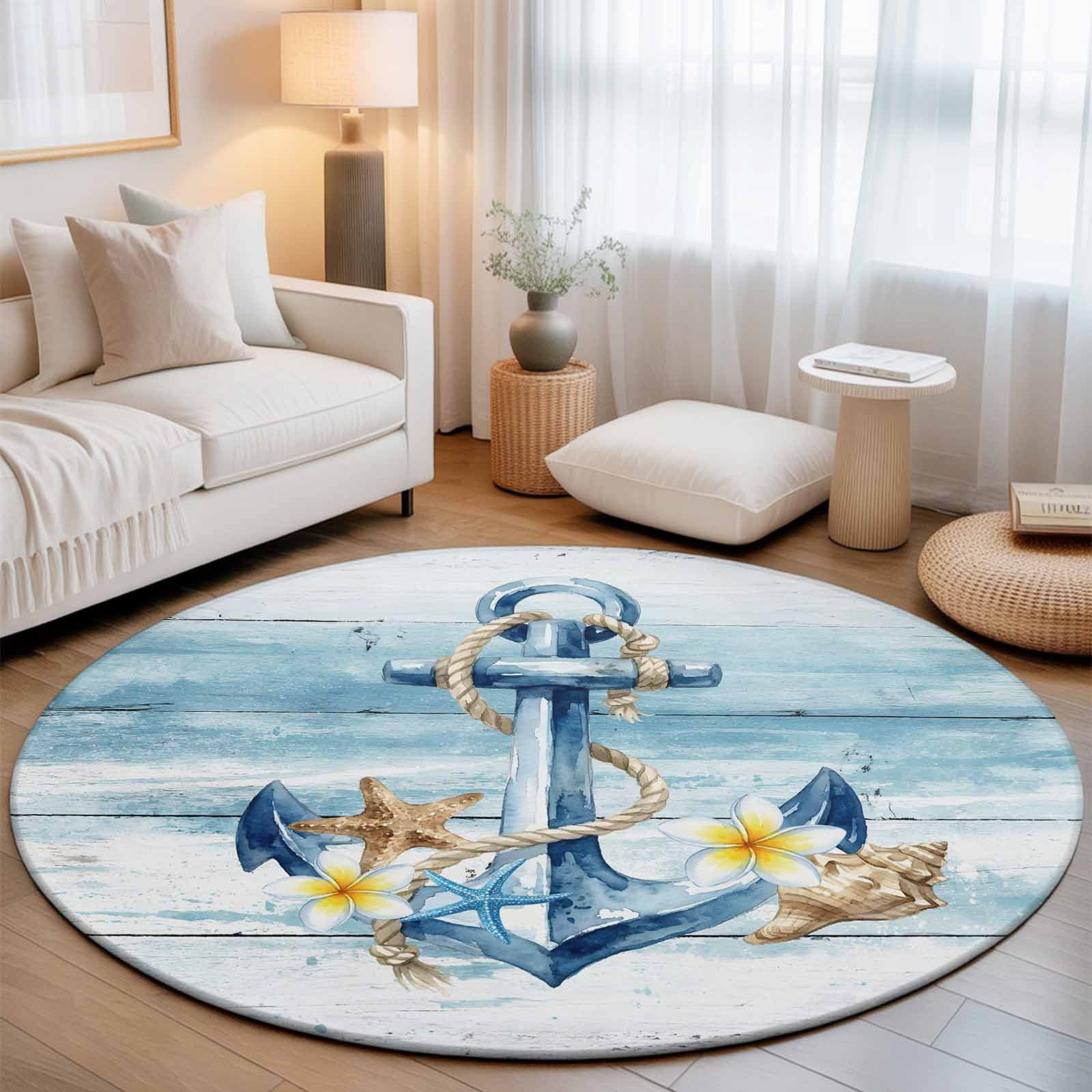 Round Area Rug for Living Room Bedroom, Watercolor Nautical Anchor ...