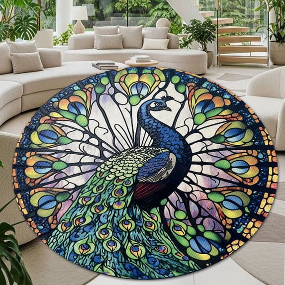 Round Area Rug, Peacock Non-Slip Floor Mat, Soft Washable Carpet for ...