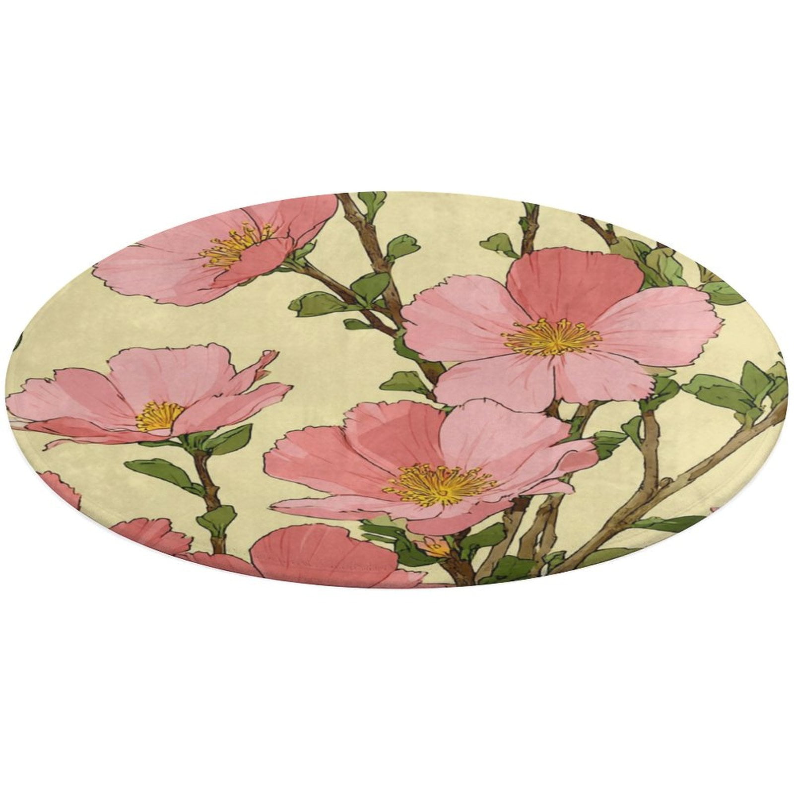 Round Area Rug Pink Flowers Bloom Pale Yellow Background Indoor Floor ...