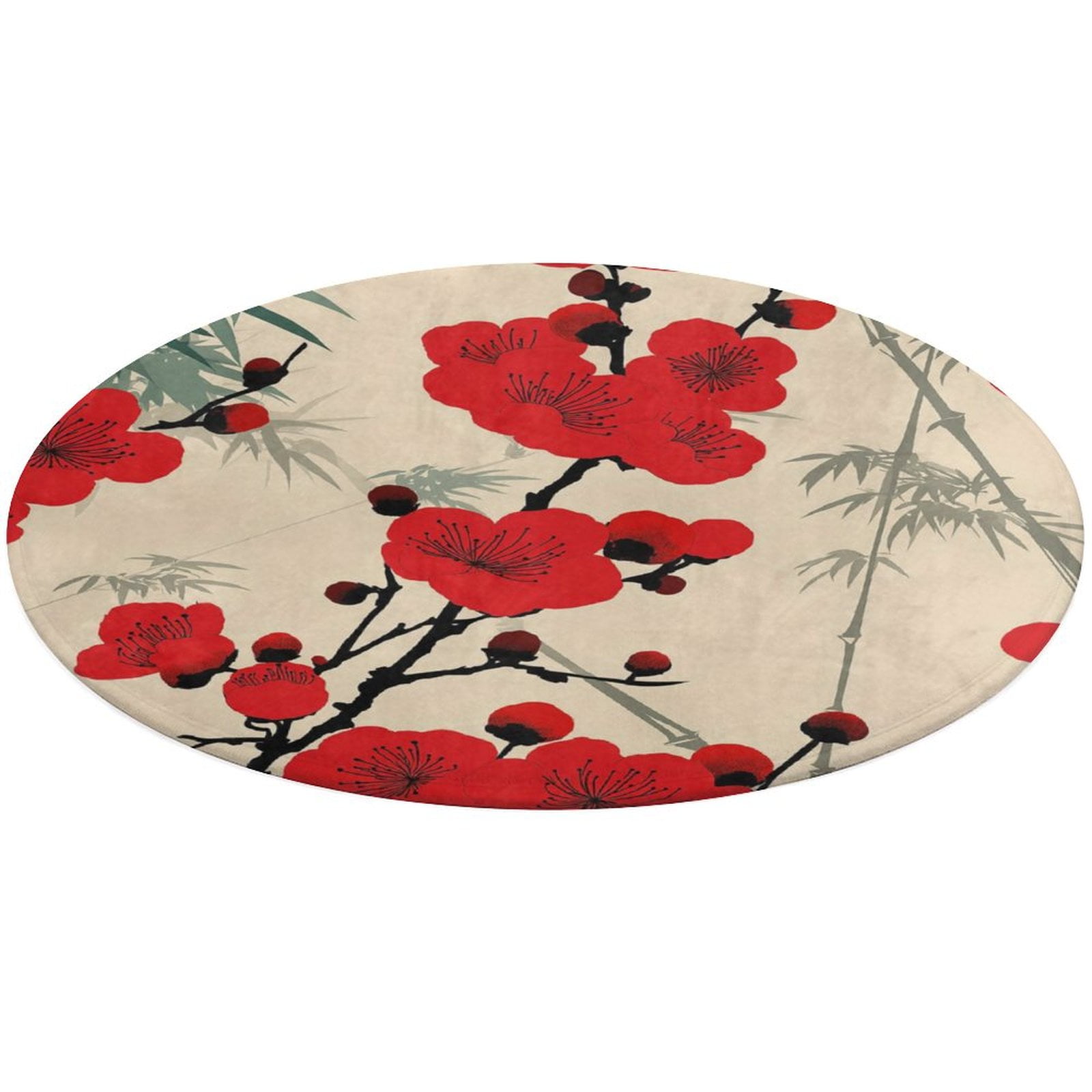 Round Area Rug Red Plum Blossoms Bamboo Background Pattern Indoor Floor ...