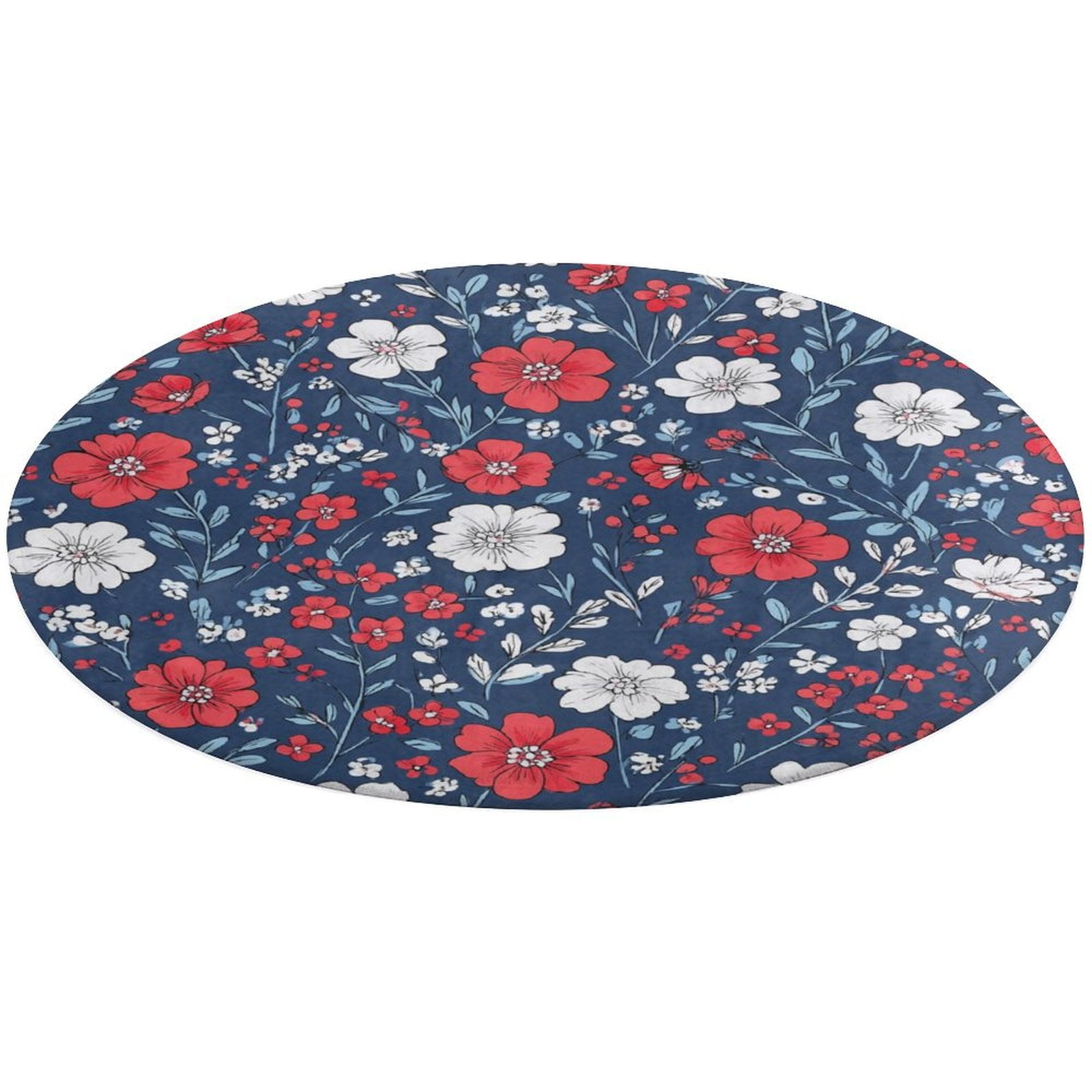 Round Area Rug Seamless Red White Floral Navy Print Indoor Floor Area ...