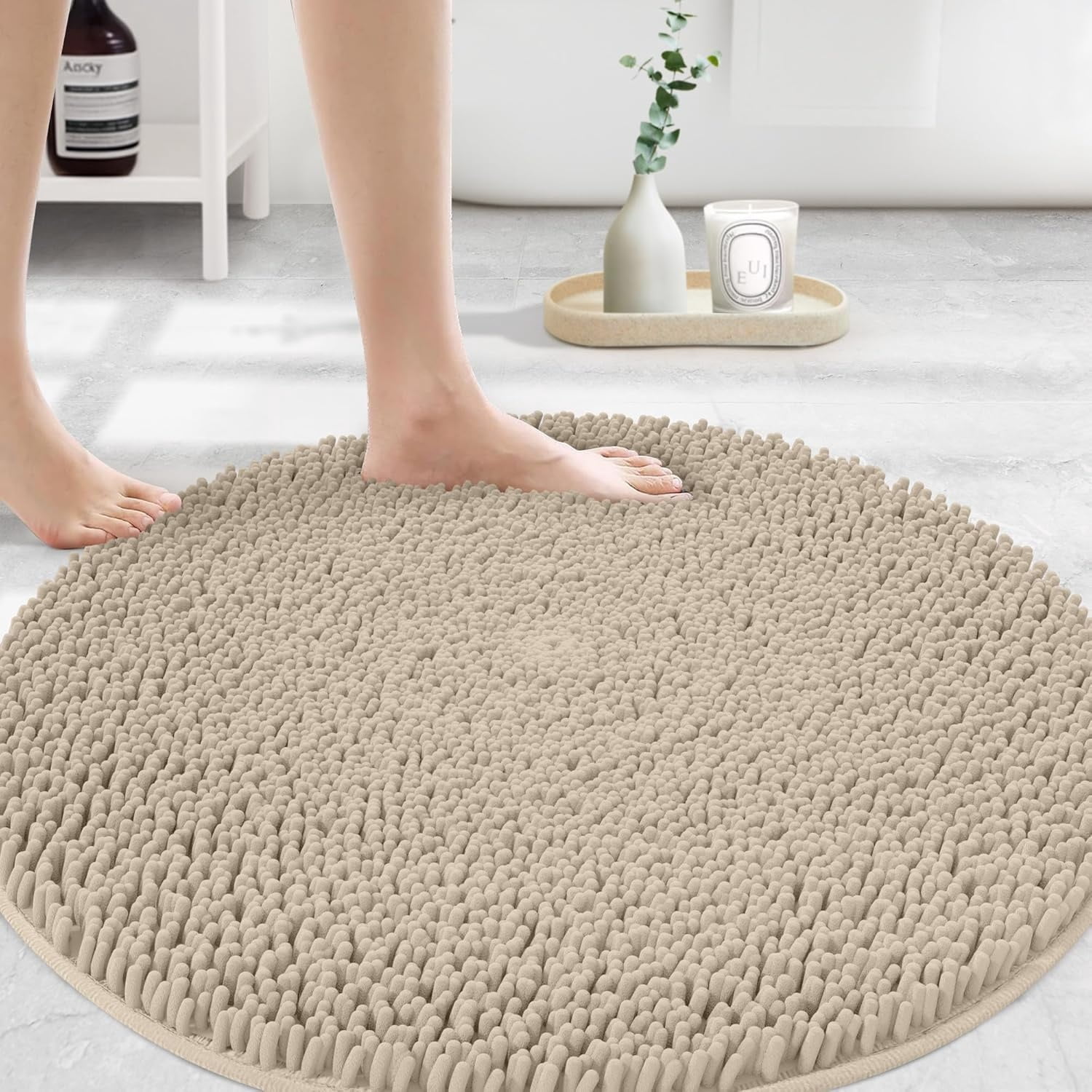 Round Area Rug Set for Bathroom | Soft Plush Chenille Bath Mat, Water ...