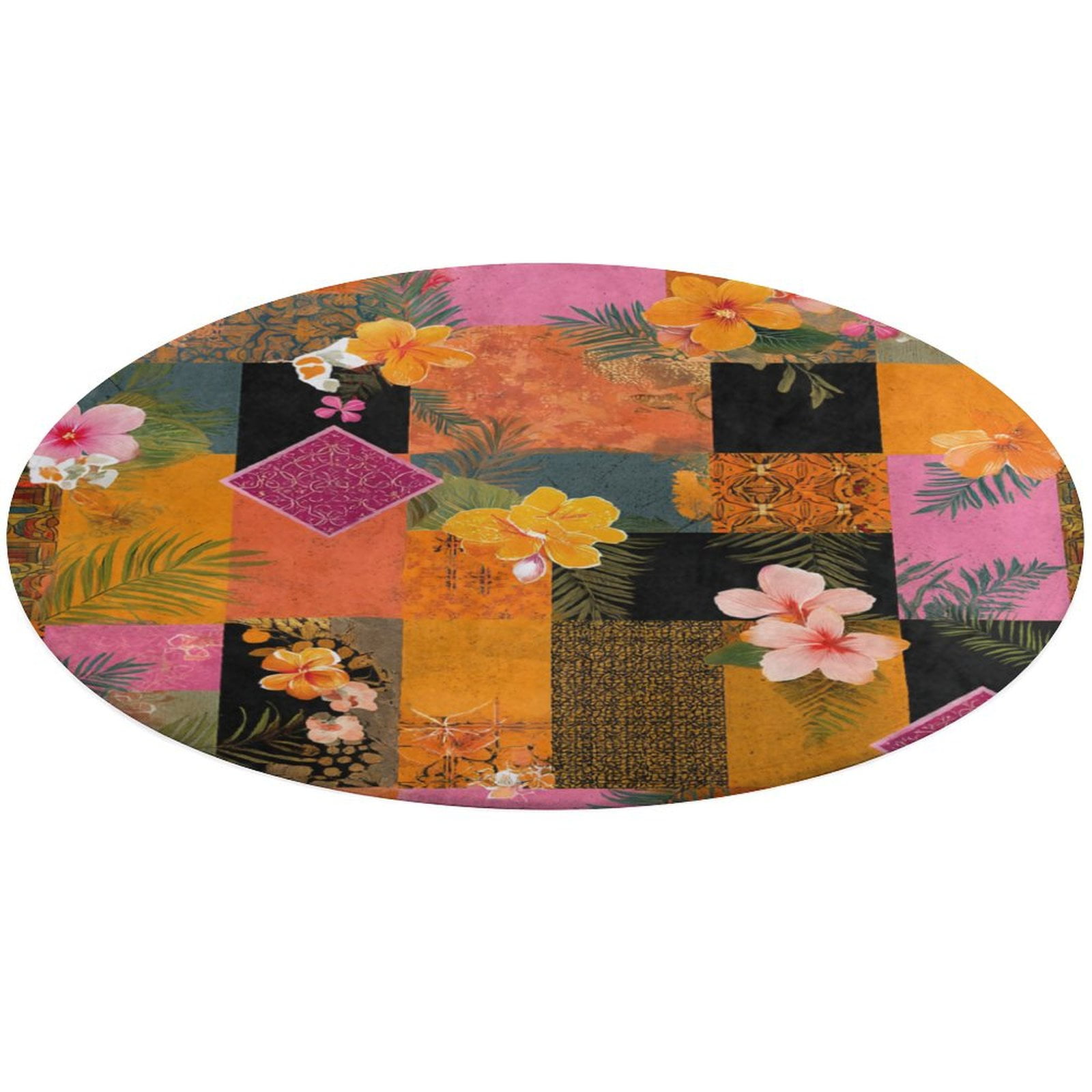 Round Area Rug Tropical Floral Patchwork Vibrant Design Indoor Floor ...
