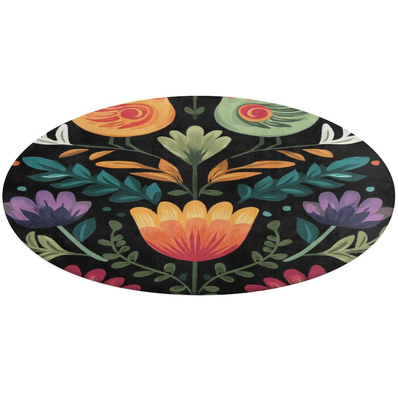 Round Area Rug Vibrant Floral Birds Folk Art Design Indoor Floor Area ...