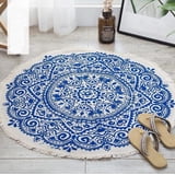 Round Area Rug with Tassel 36"x36" Blue and White Traditional Pattern ...