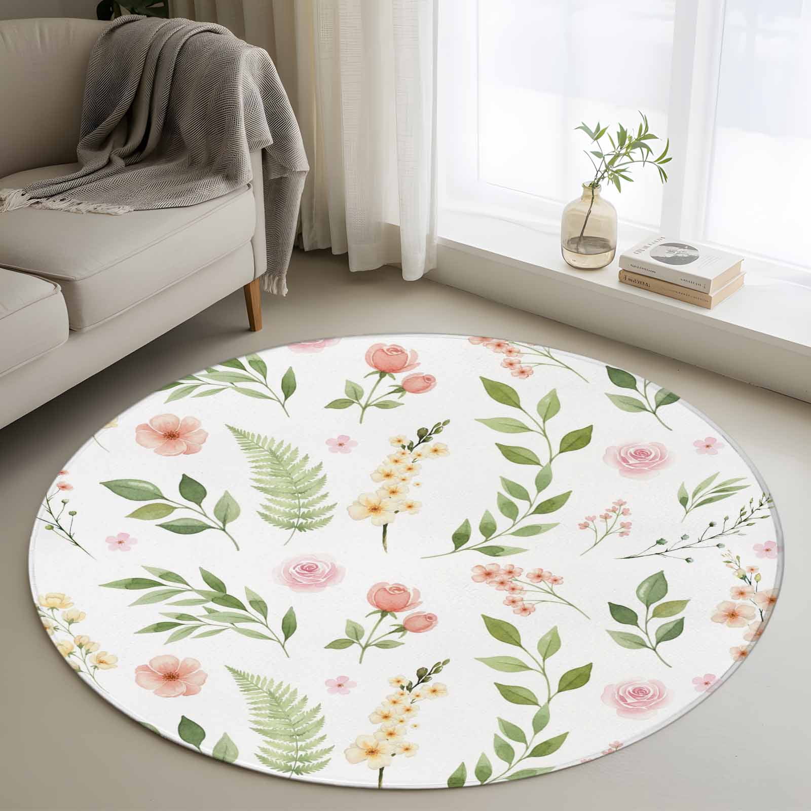 Round Area Rugs Collection 3 Ft, Pink Green Botanical Non-Slip ...