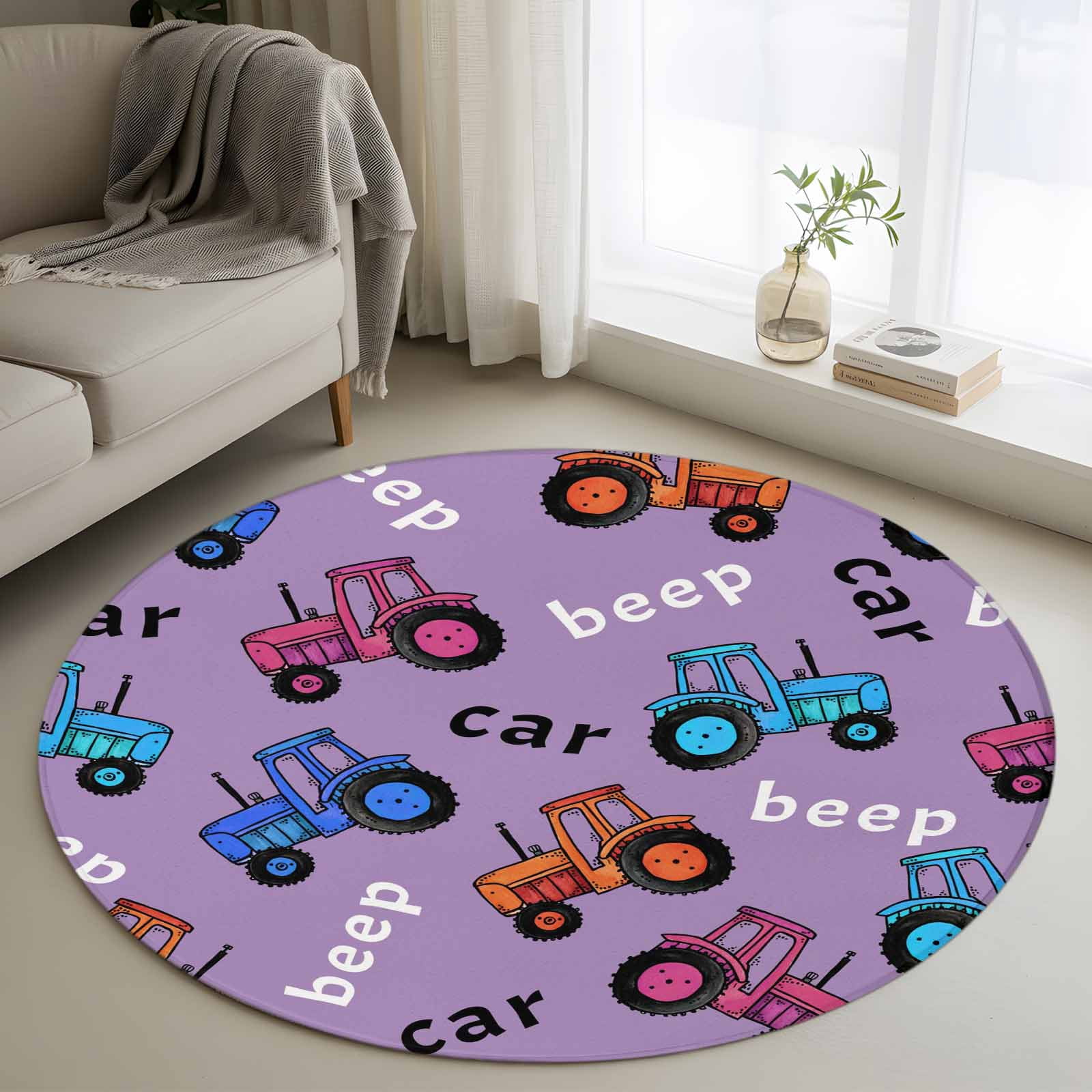 Round Area Rugs Collection 4 Ft, Cartoon Tractor Non-Slip Residential ...