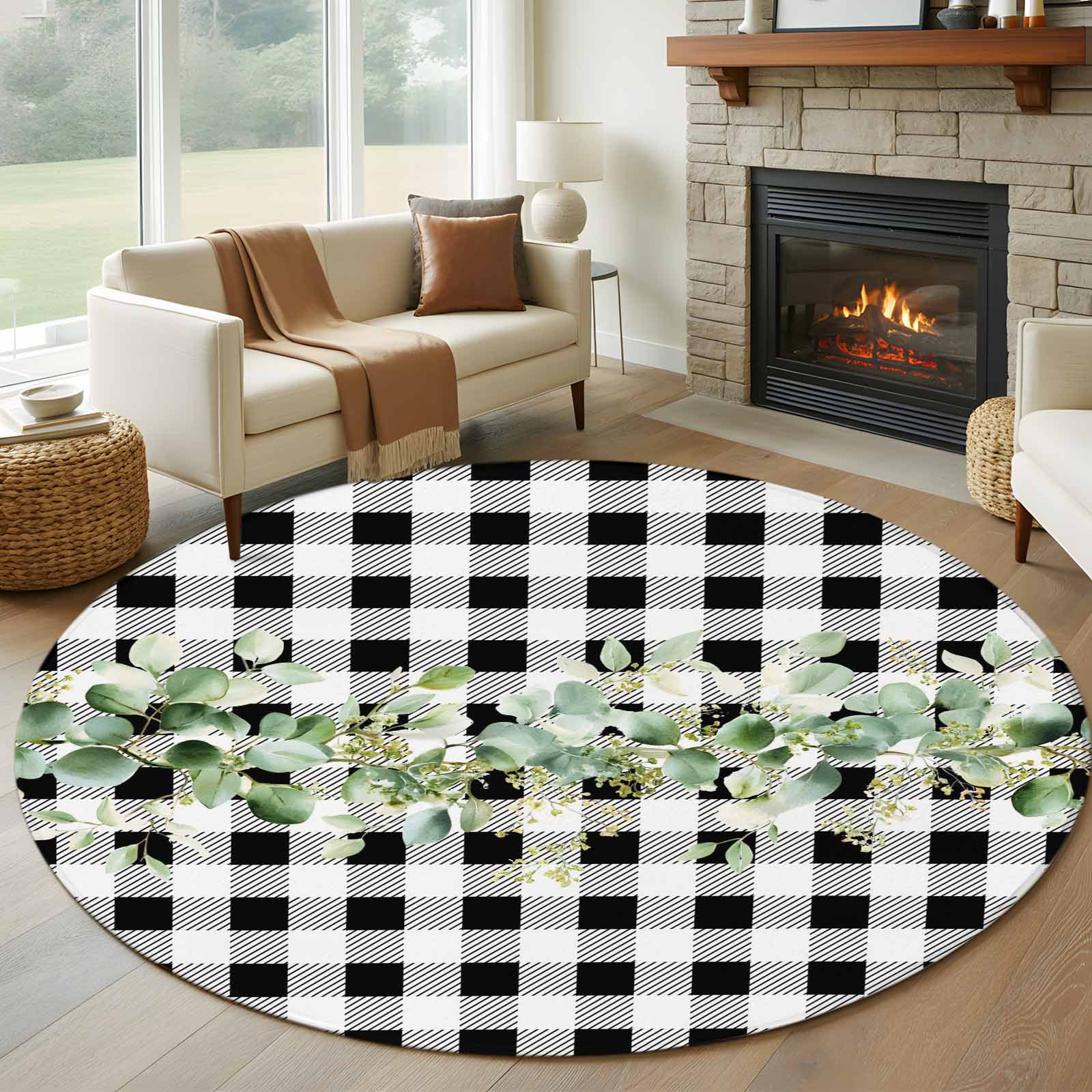 Round Area Rugs Collection 6 Ft, Green Eucalyptus Leaves Non-Slip ...