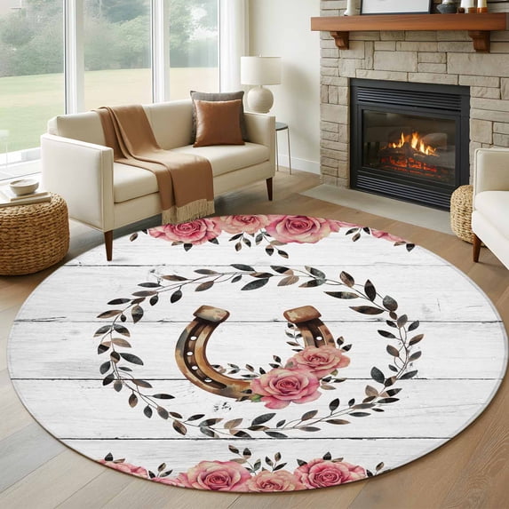 Round Area Rugs Collection 6 Ft, Pink Roses Non-Slip Residential Carpet ...