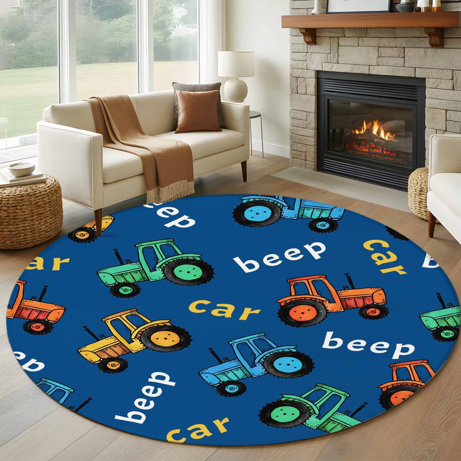Round Area Rugs Collection 8 Ft, Cartoon Tractor Non-Slip Residential ...