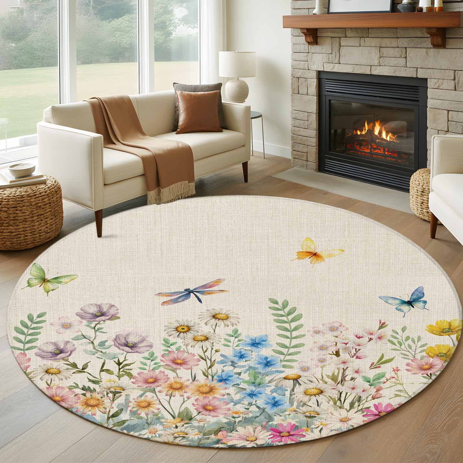 Round Area Rugs Collection 8 Ft, Colorful Floral Non-Slip Residential ...