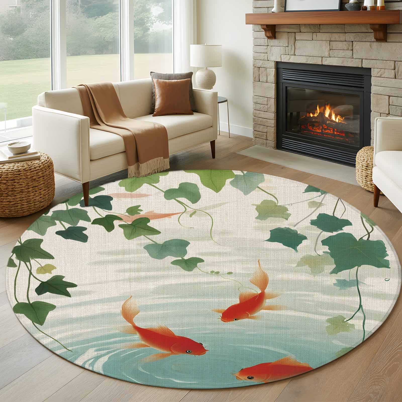 Round Area Rugs Collection 8 Ft, Japanese Carp Fish Non-Slip ...