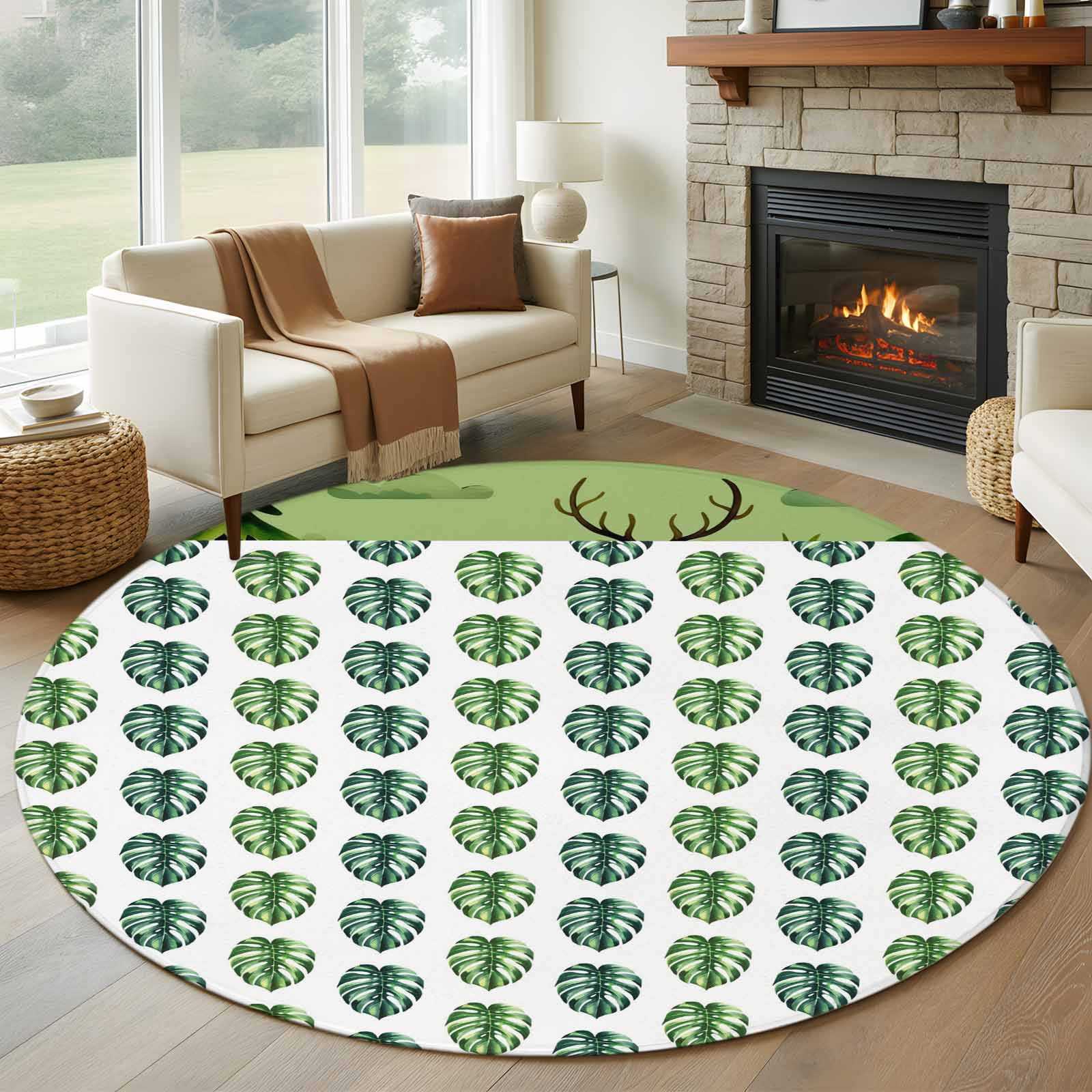 Round Area Rugs Collection 8 Ft, Tropical Leaves Non-Slip Residential ...