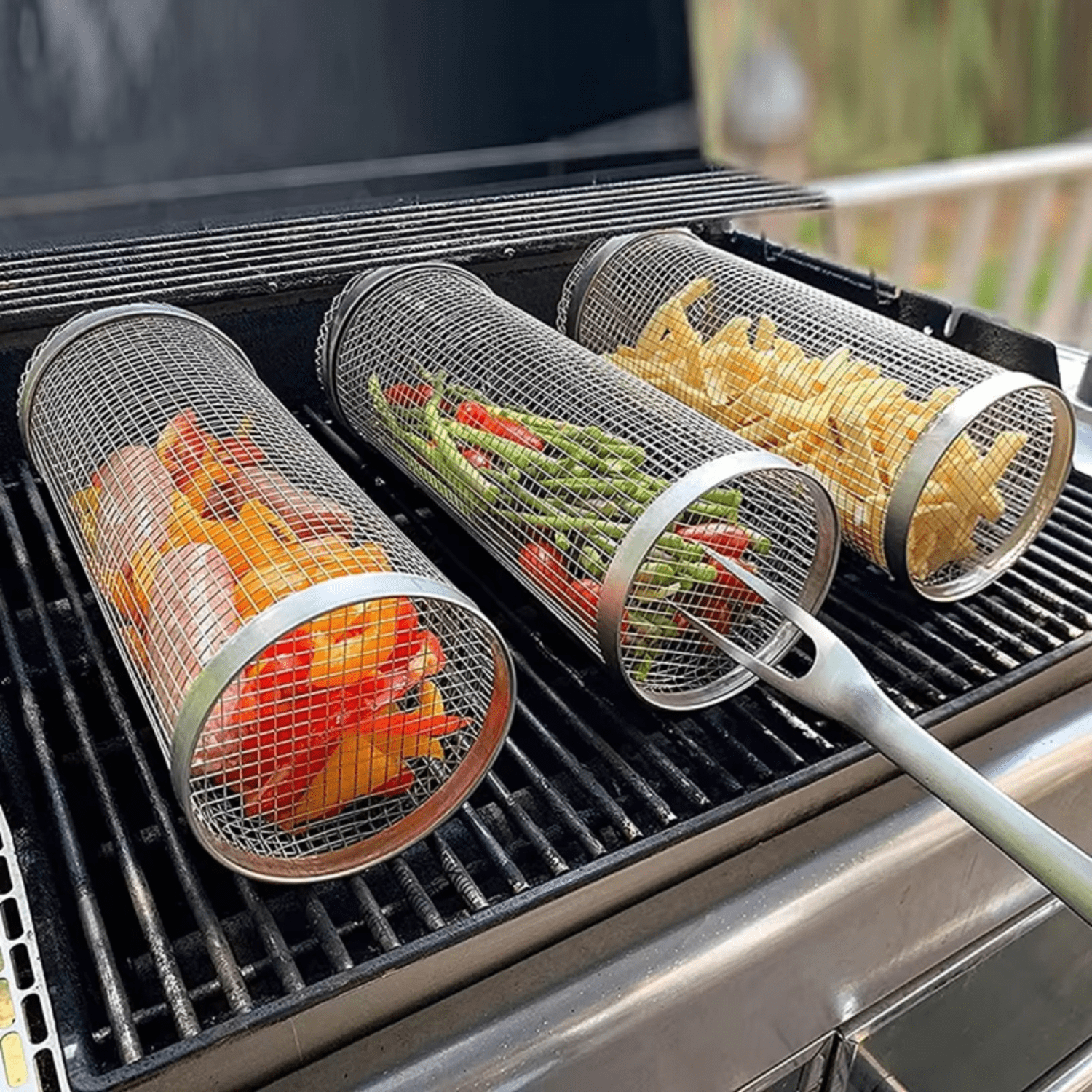 Round BBQ Basket Stainless Steel Rolling Grilling Basket Wire Mesh ...