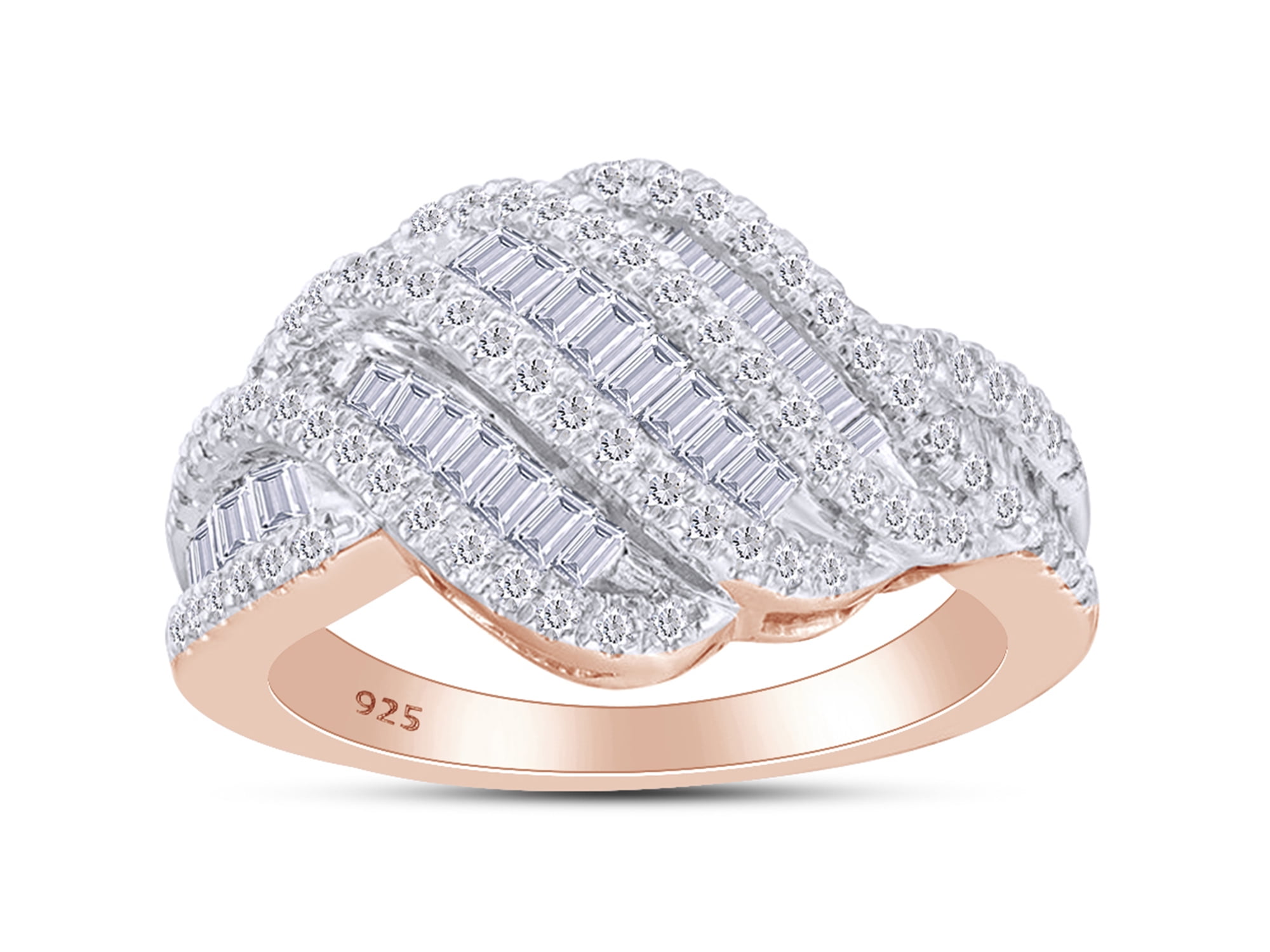 AFFY Round & Baguette Cut White Natural Diamond Multi-Row Wave Engagement Wedding Ring In 14K ...