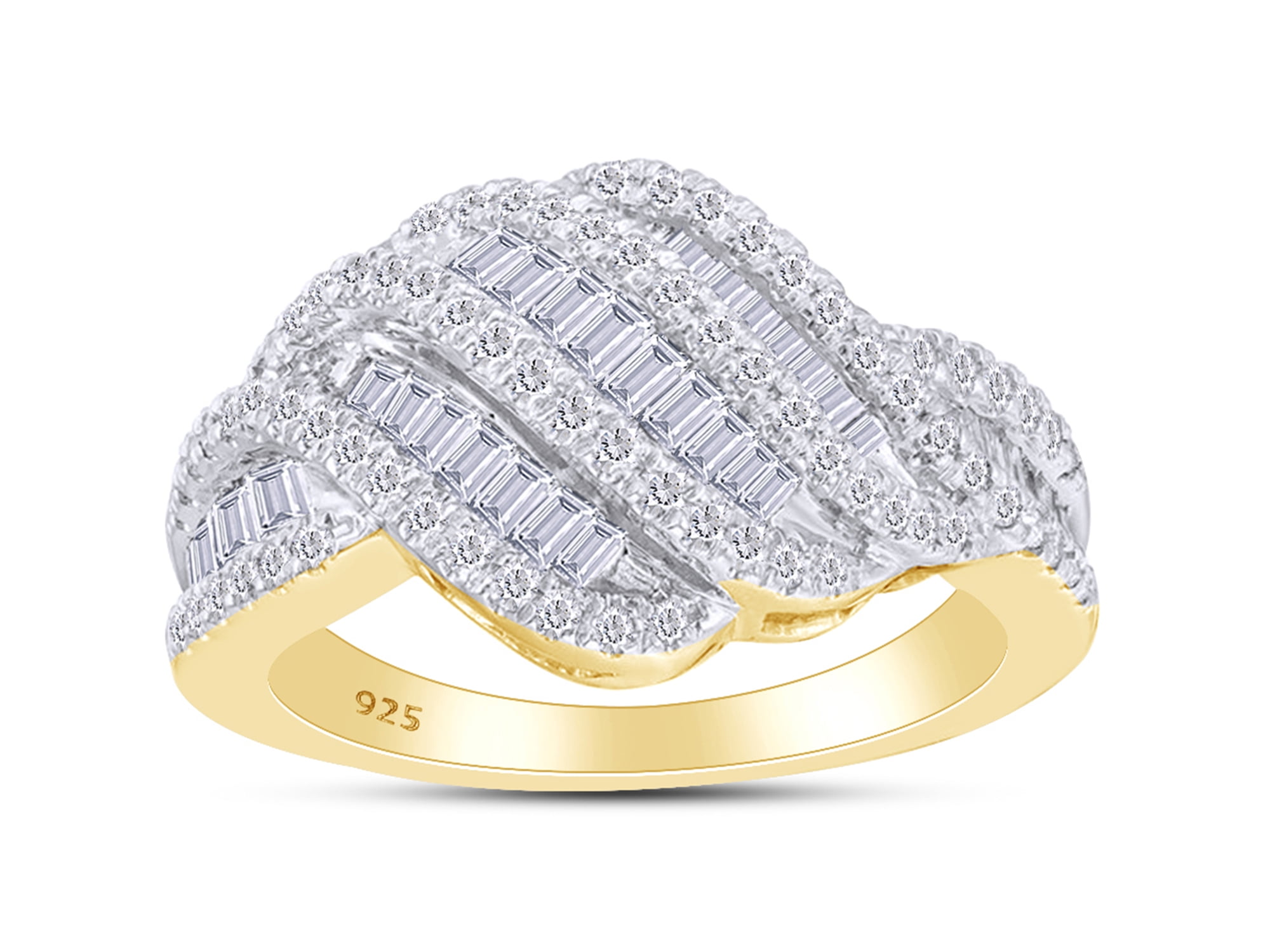 AFFY Round & Baguette Cut White Natural Diamond Multi-Row Wave ...