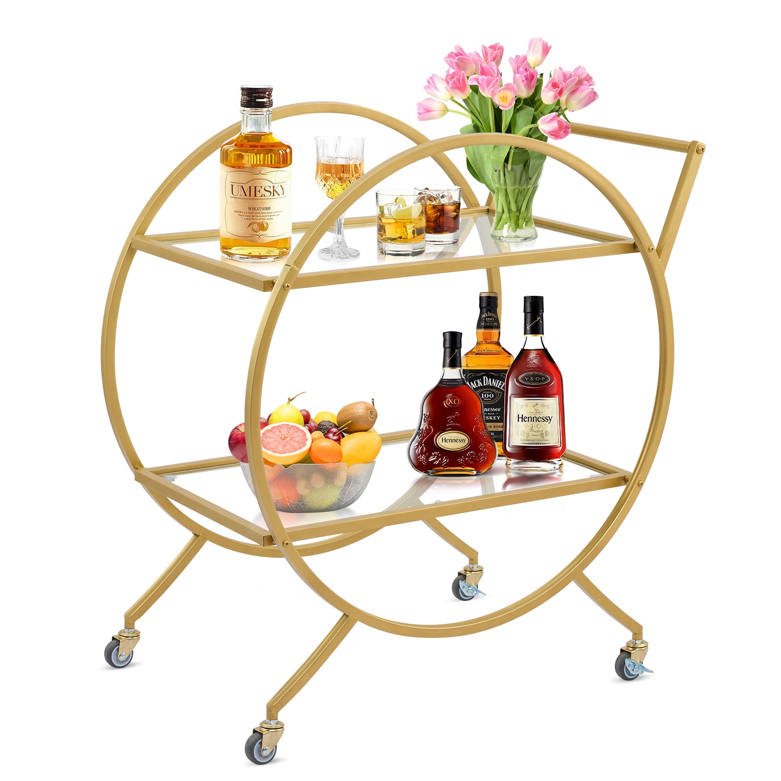 Round Bar Cart, Bar Serving Cart, Rolling Metal Wine Liquor Cart, with ...