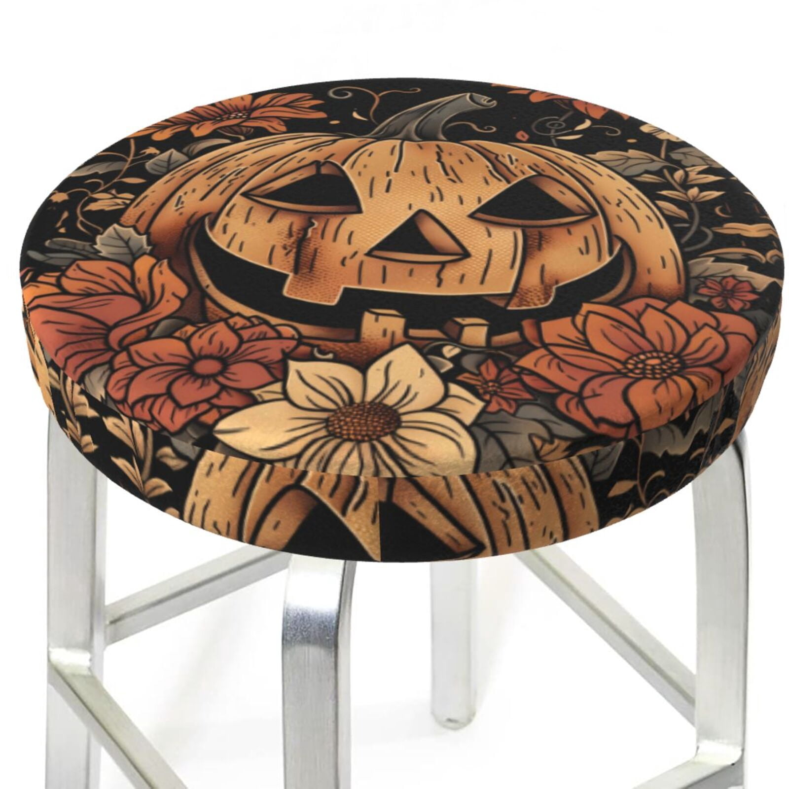 Round Bar Halloween Stool Covers Pumpkin Floral Harvest Soft Velvet Bar ...
