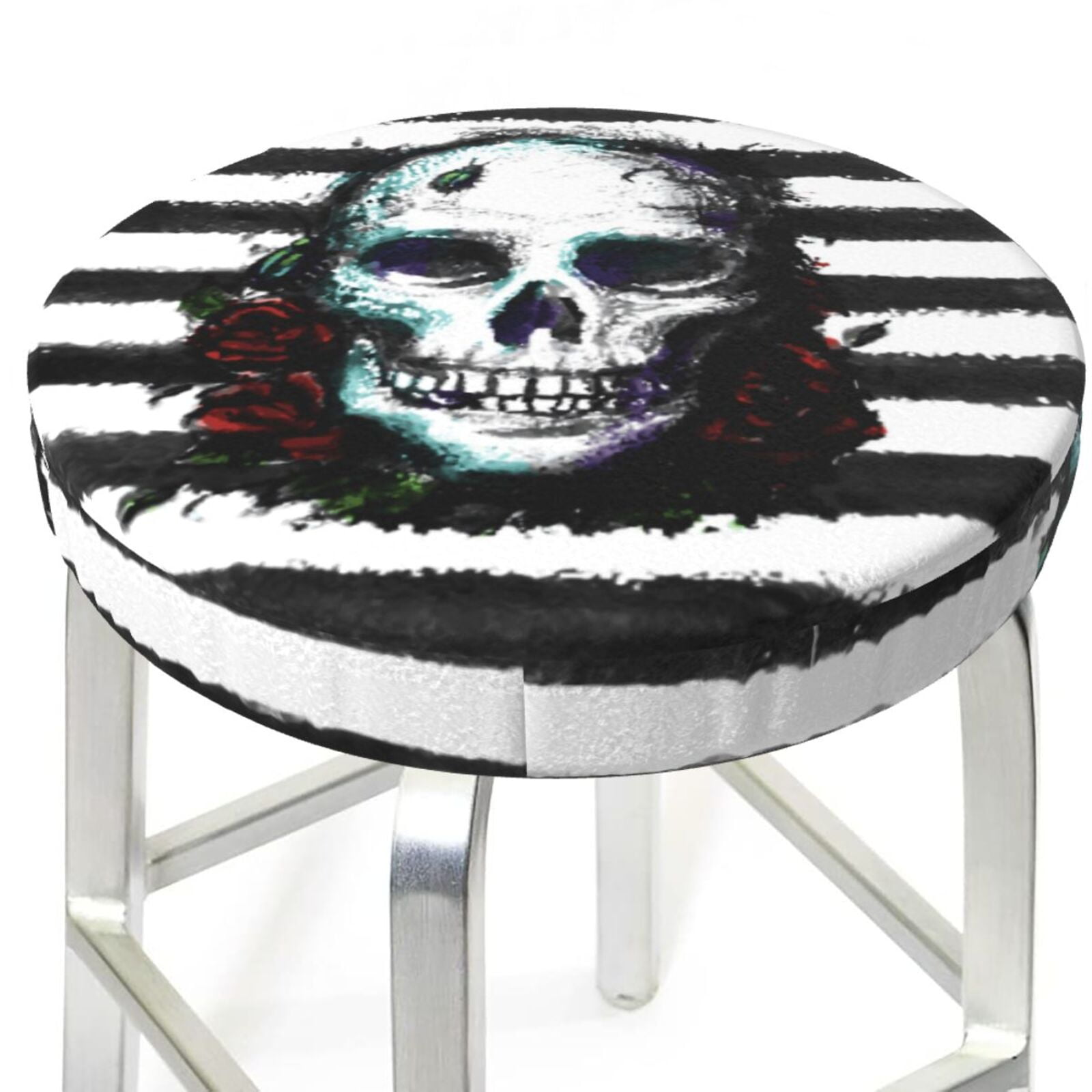 Round Bar Halloween Stool Covers Watercolor Skull Soft Velvet Bar Stool ...