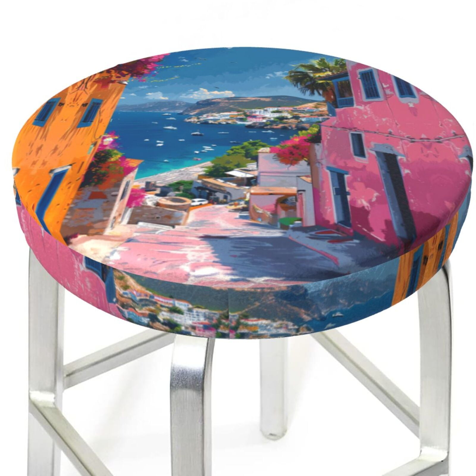 Round Bar Stool Covers Colorful Mediterranean Village Soft Velvet Bar ...