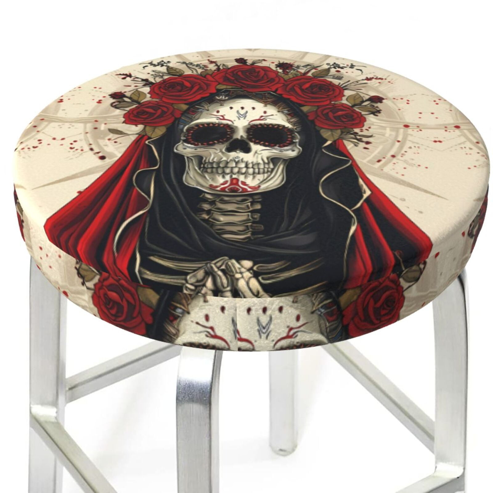 Round Bar Stool Covers Gothic Skull With Roses Soft Velvet Bar Stool Seat Covers, 12-14'' Bar ...