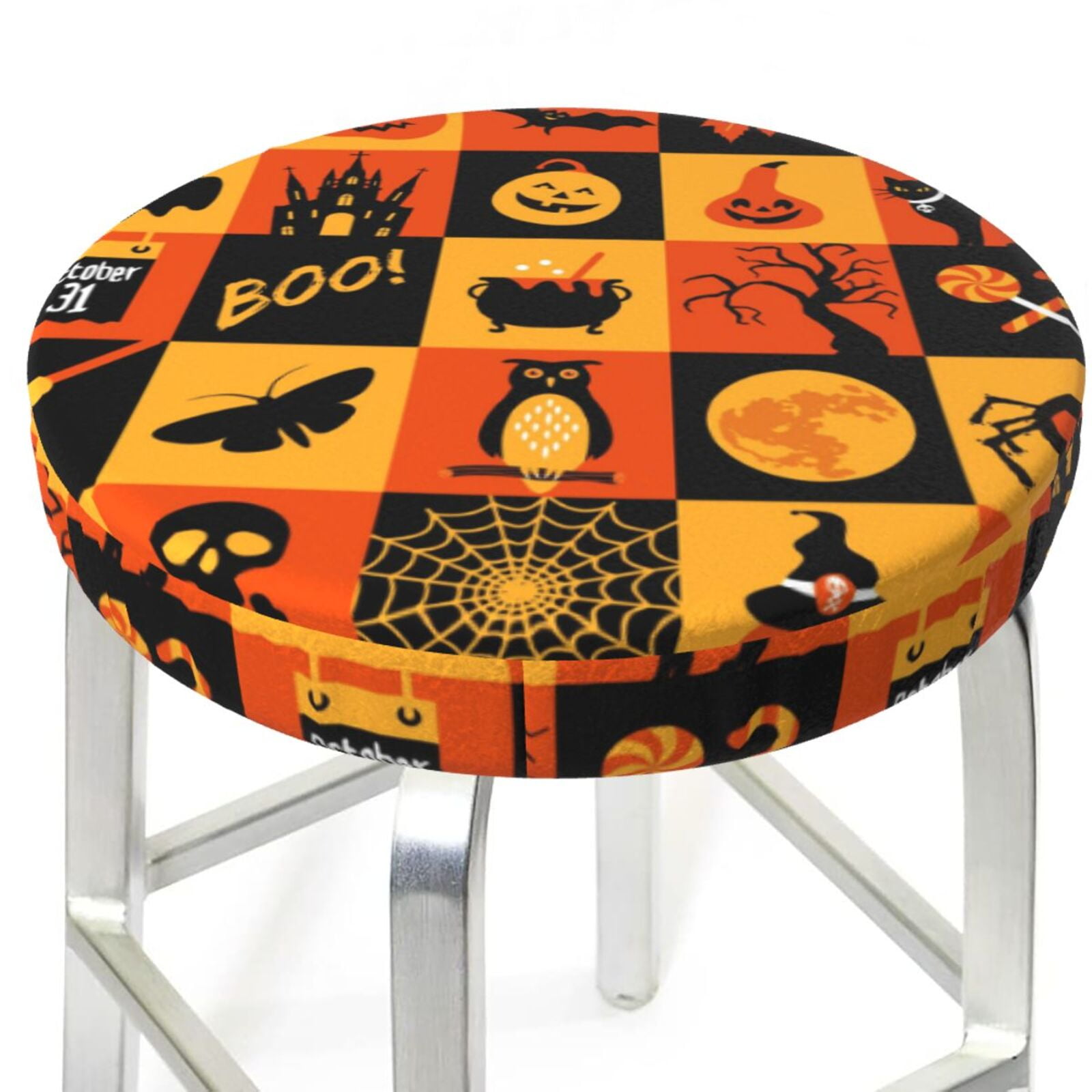 Round Bar Stool Covers Halloween Banner Symbols Soft Velvet Bar Stool ...