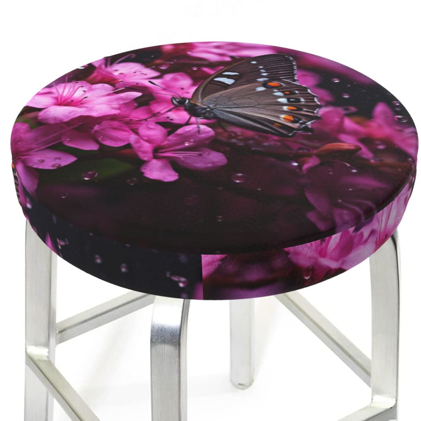 Round Bar Stool Covers Pink Blossoms Butterfly Soft Velvet Bar Stool Seat Covers, 12-14'' Bar ...
