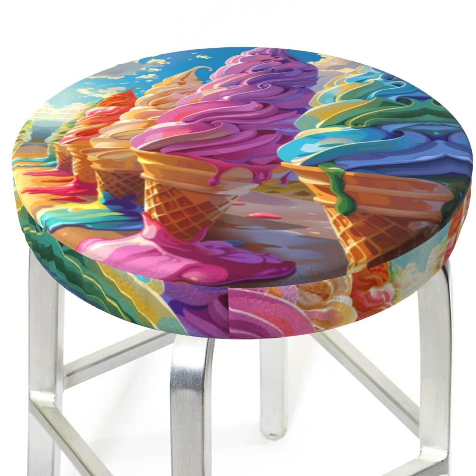 Round Bar Stool Covers Rainbow Melting Ice Cream Soft Velvet Bar Stool ...