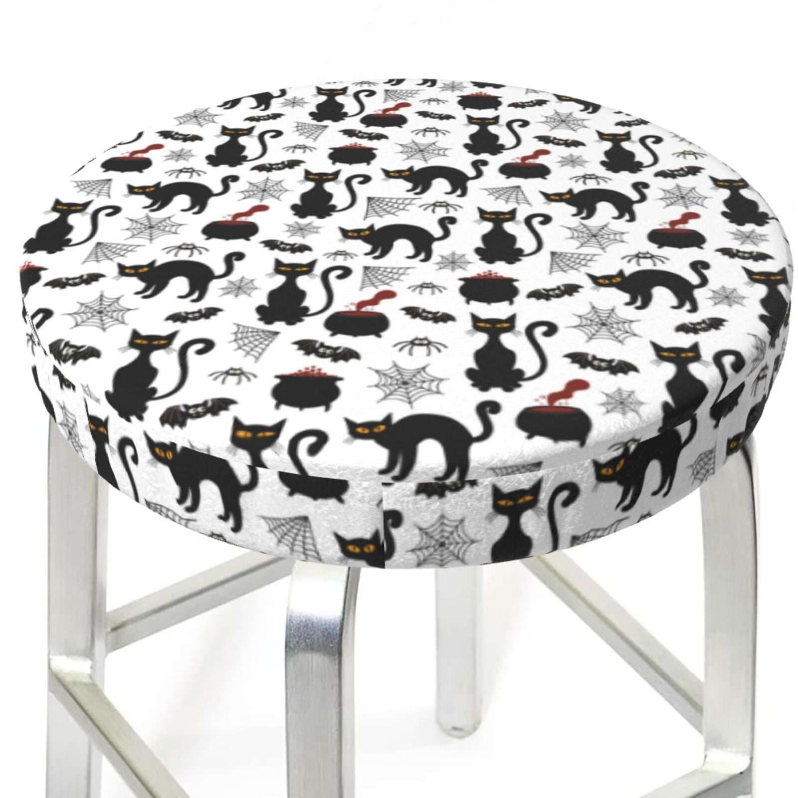 Round Bar Stool Covers halloween cat bat spider web Soft Velvet Bar ...