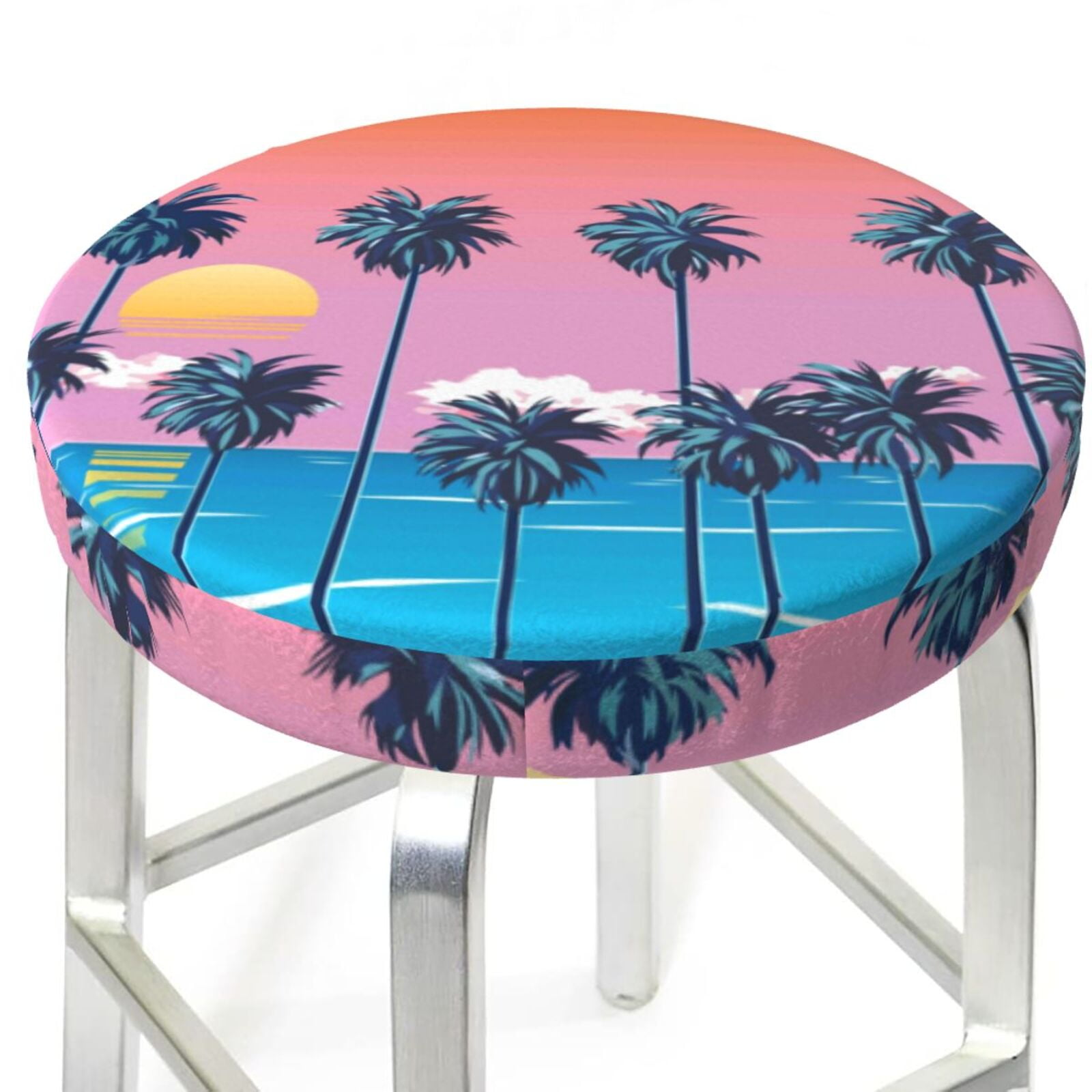 Round Bar Stool Seat Covers, Beach with Palm Trees Elastic Round Chair ...