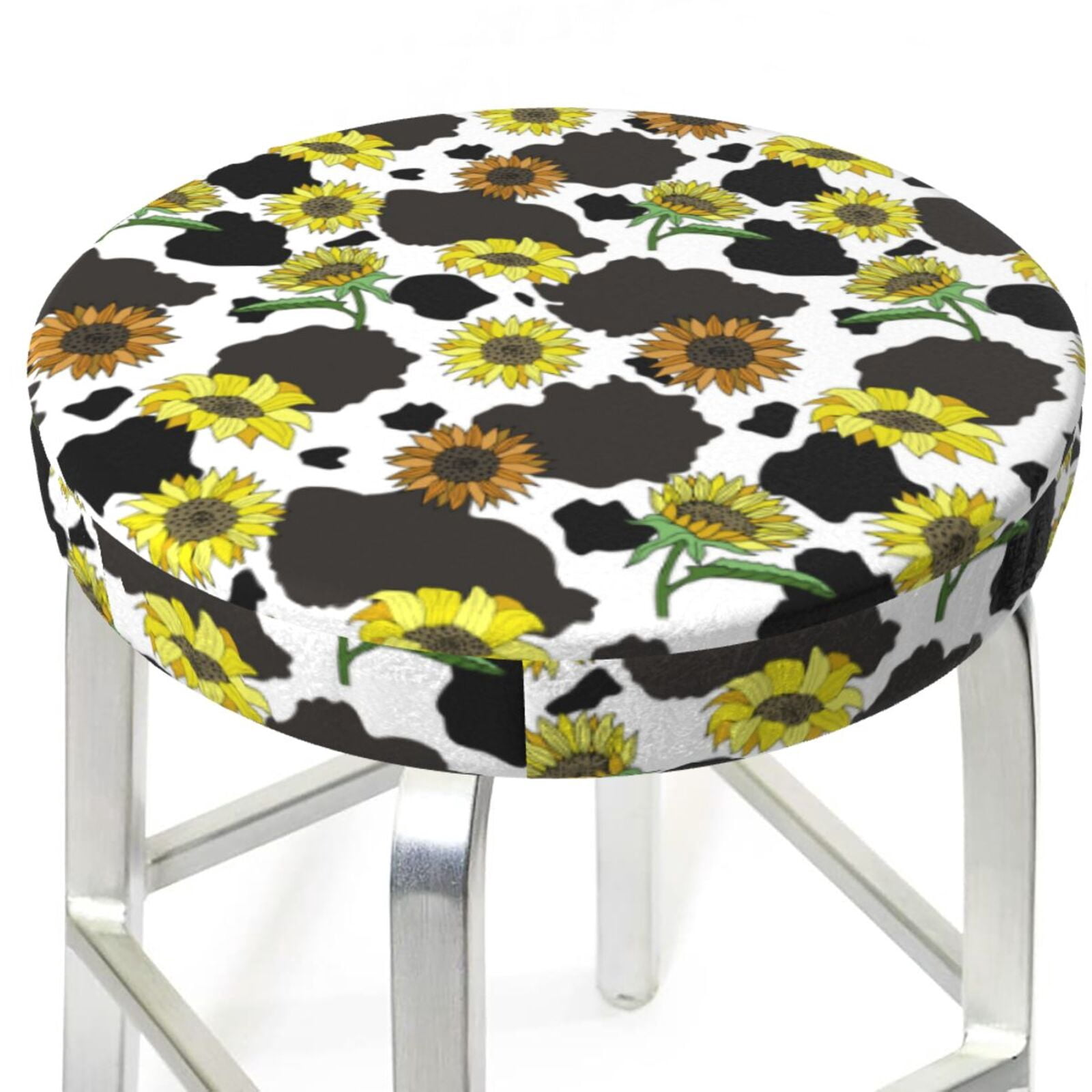 Round Bar Stool Seat Covers, Cow Print Sunflowers Black White Elastic ...