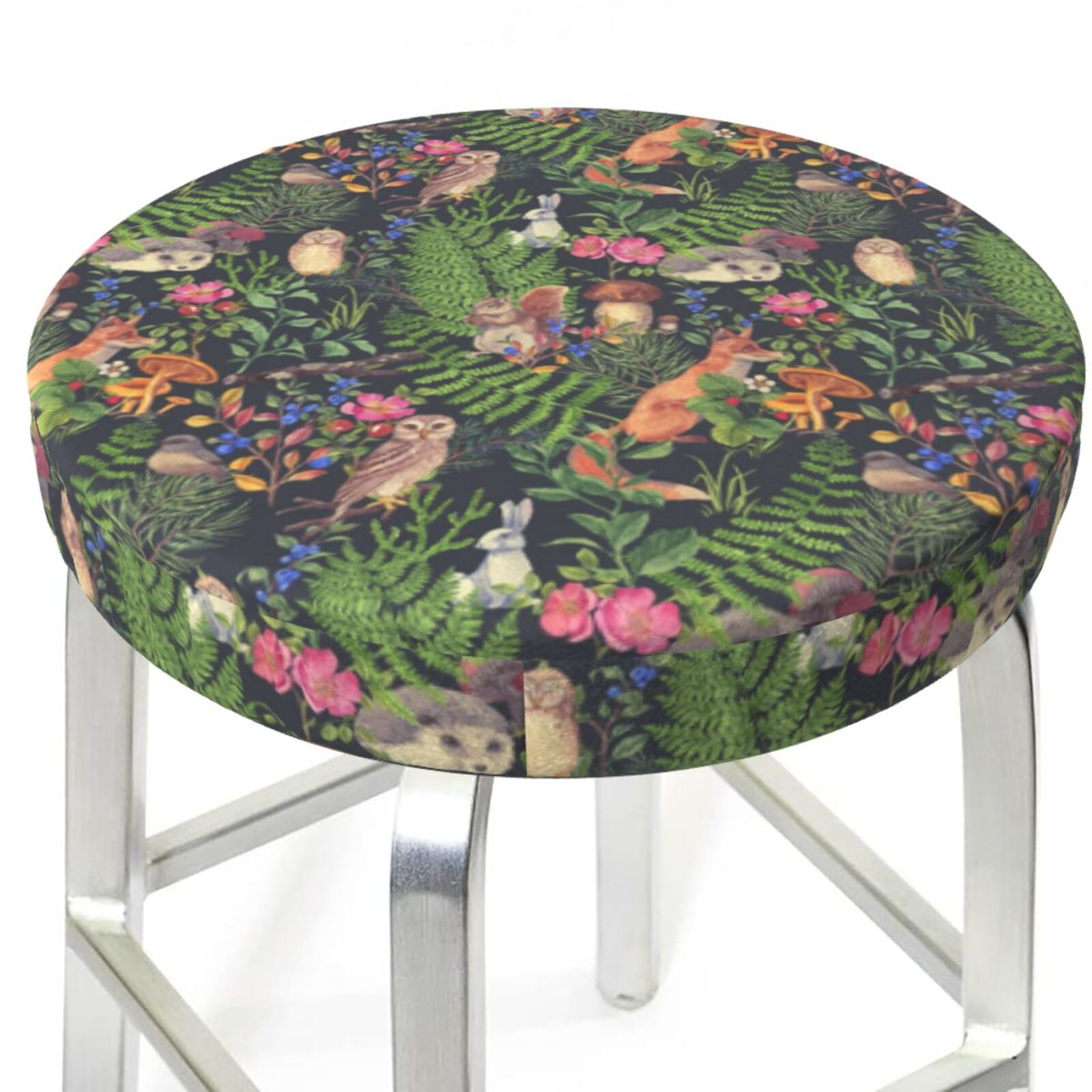 Round Bar Stool Seat Covers, Forest Animals And Plants Elastic Round ...
