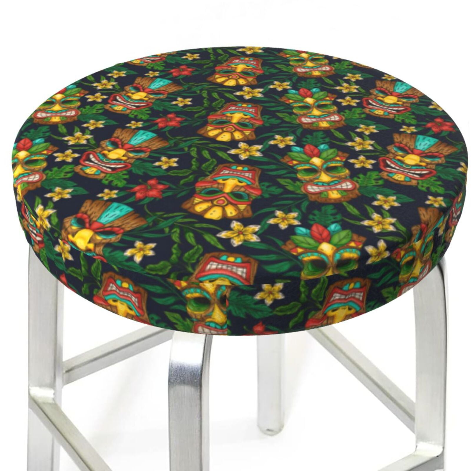 Round Bar Stool Seat Covers, Mask Tropical Flower Elastic Round Chair ...