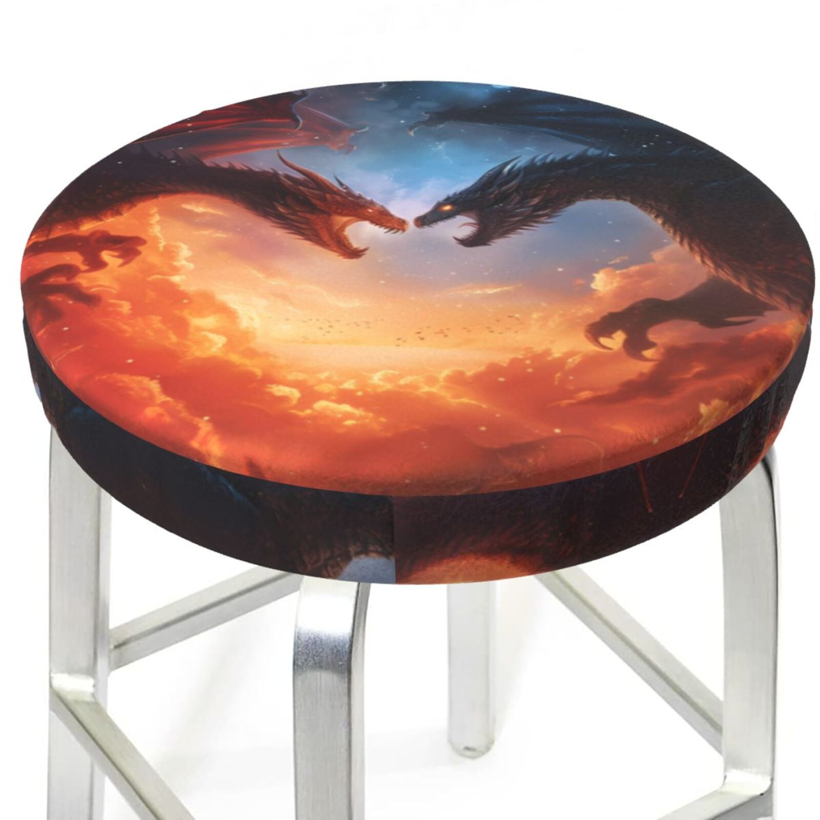 Round Bar Stool Seat Covers, Red and Blue Fire Cloud Dragon Elastic ...