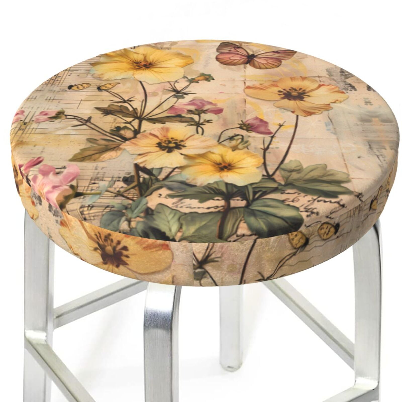 Round Bar Stool Seat Covers, Vintage Floral Butterfly Collage Elastic ...