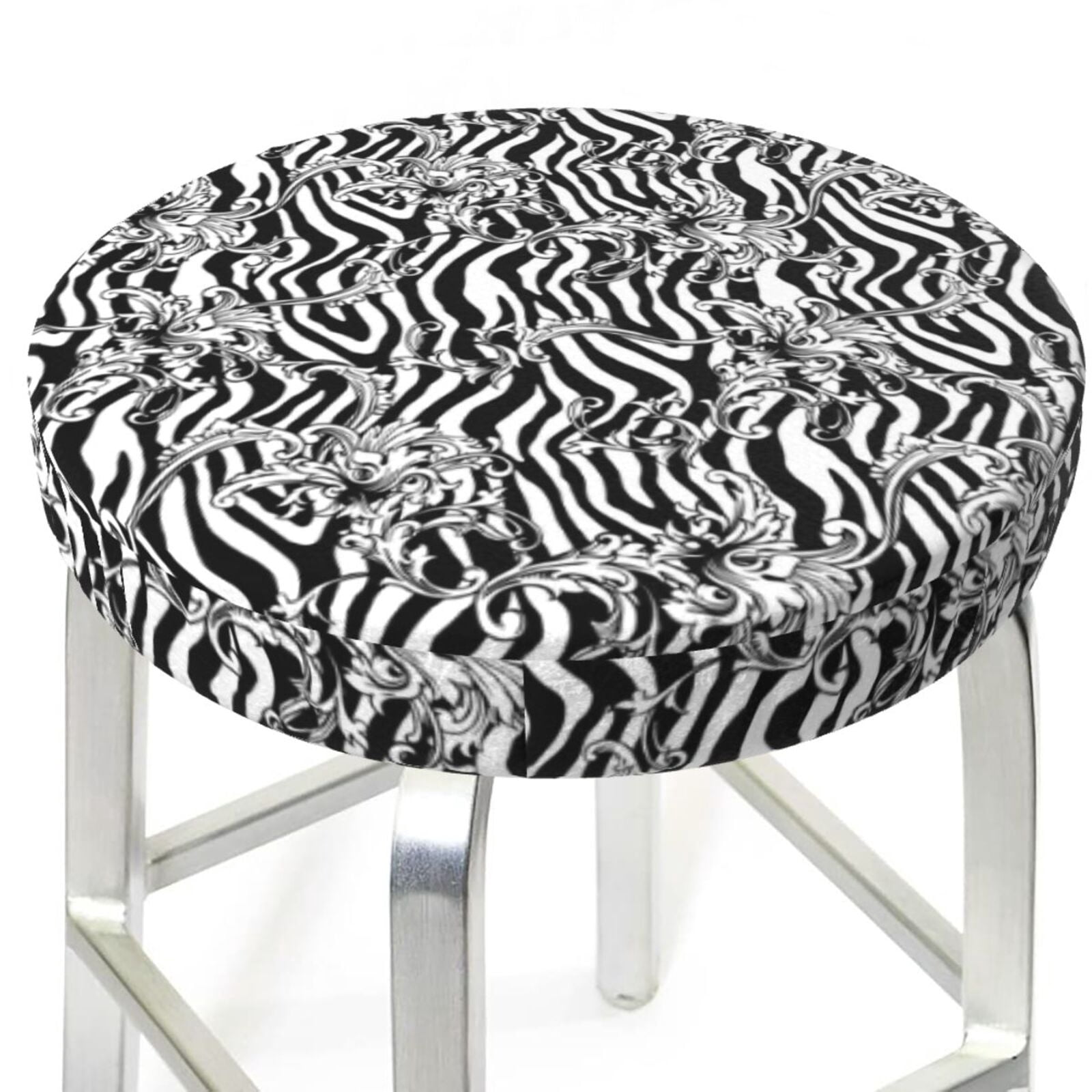 Round Bar Stool Seat Covers, cool white black flower zebra print ...