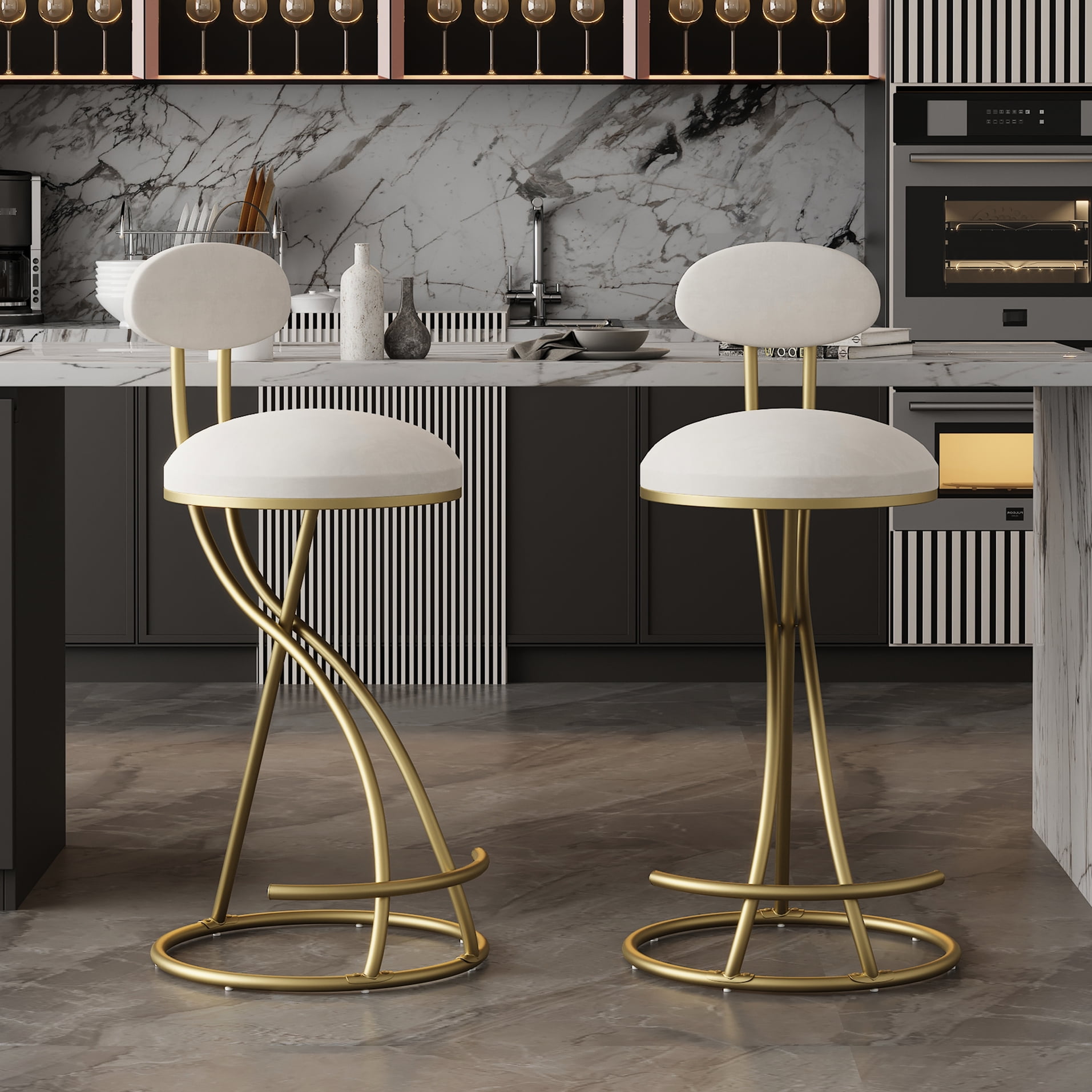 Round Bar Stools Of 2, Creamy White Velvet, Gold Metal Frame, 220lbs ...