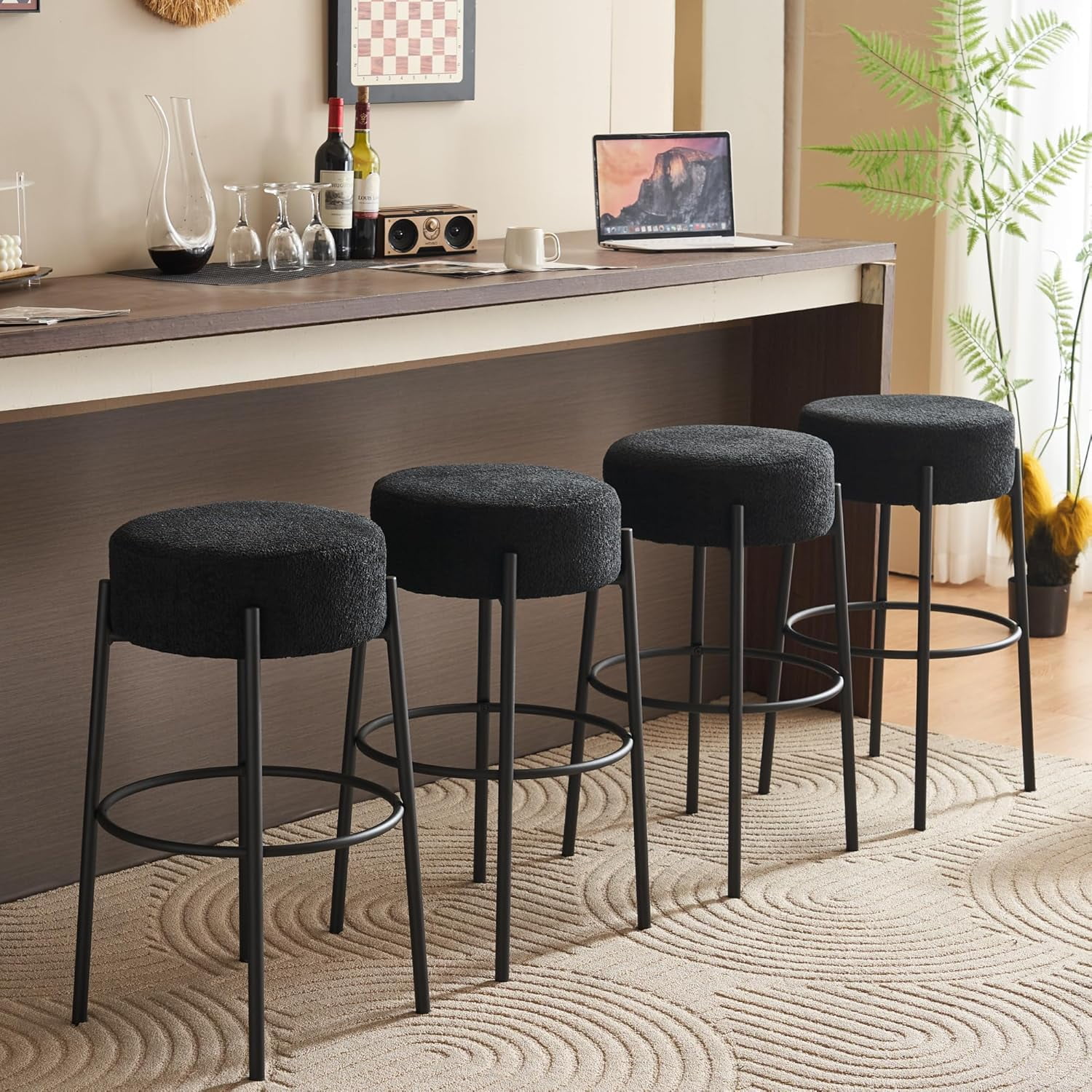 Round Bar Stools Set of 2,Teddy Fabric Upholstered Counter Stools ...