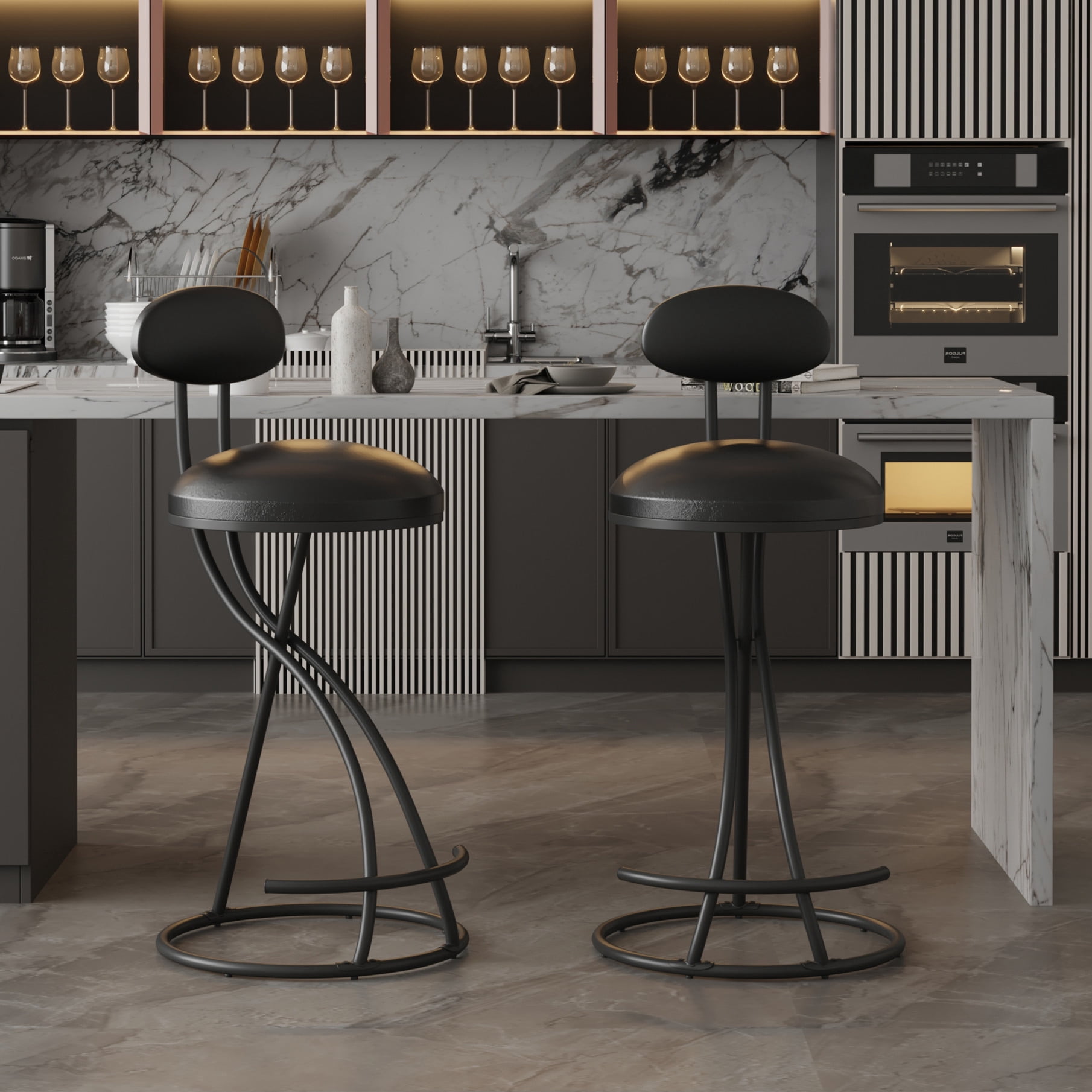 Set of 2 Round Bar Stool with S-Shaped Golden Metal Frame, Upholstered ...