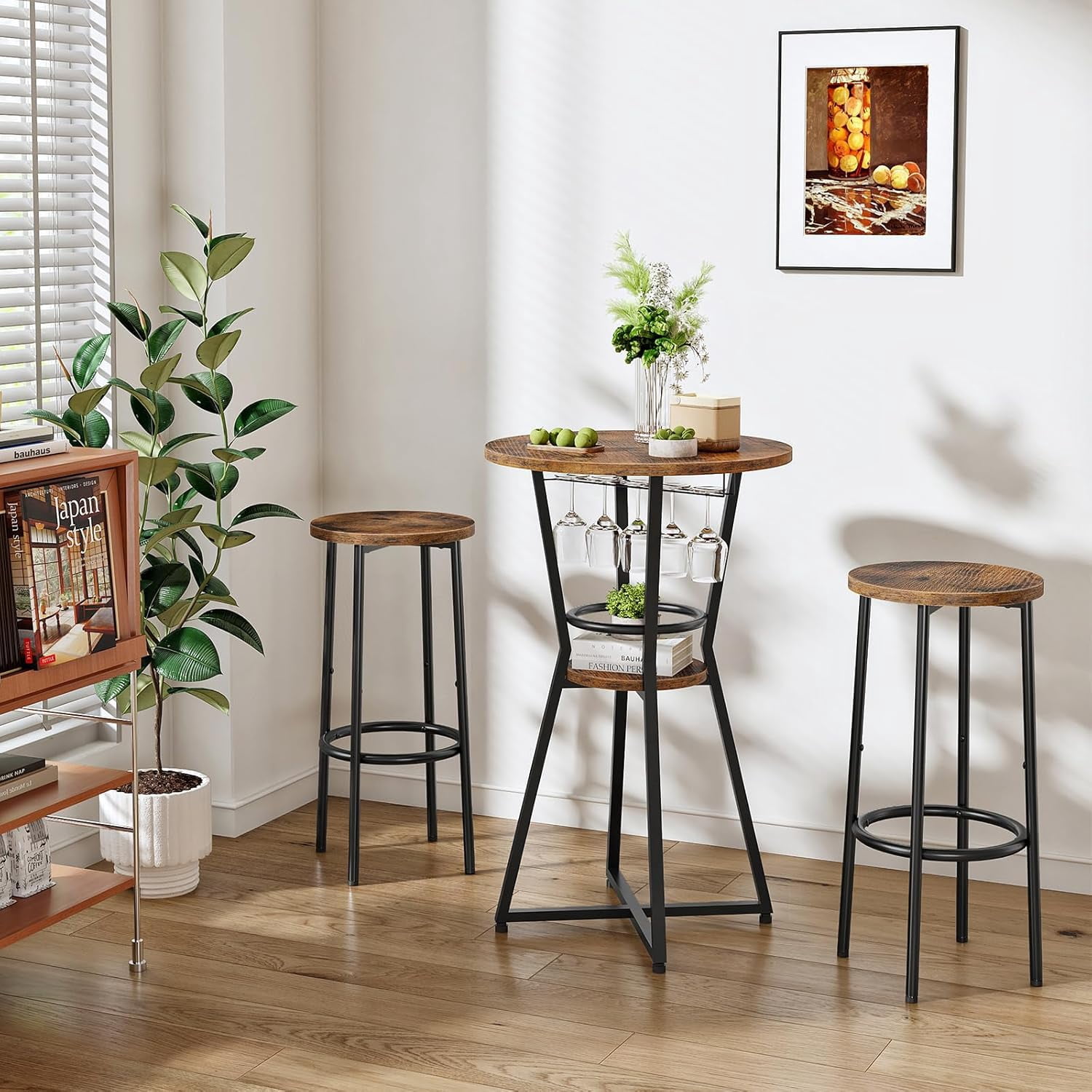 Round Bar Table, 2-Tier Counter Height Pub Table with Wine Glass Holder ...