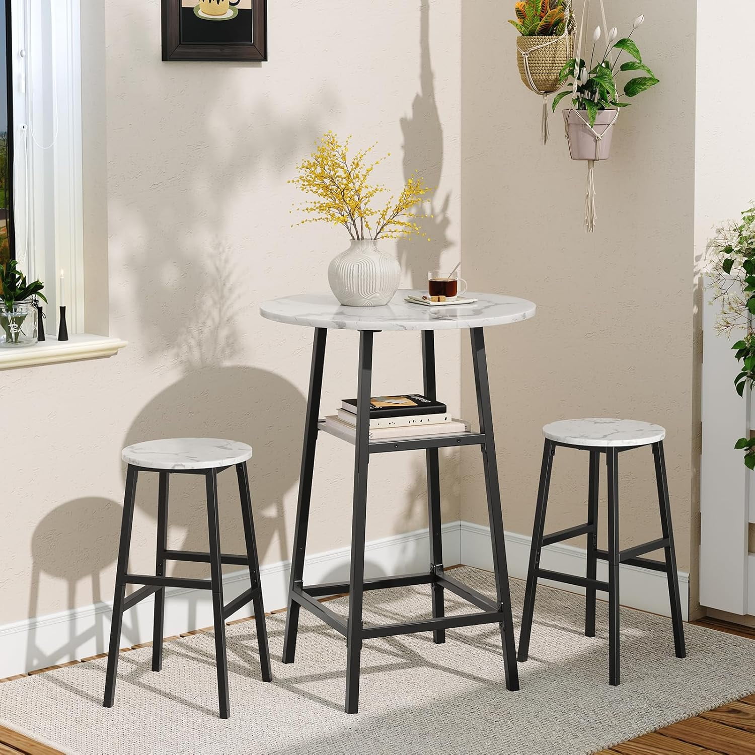 Round Bar Table, 37.4" High Pub Top Table with Footrest, 2-Tier Counter Height Cocktail Tables ...