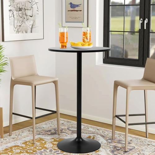 Round Bar Table Modern Pub Table Metal Base MDF Top Obsidian Table with ...