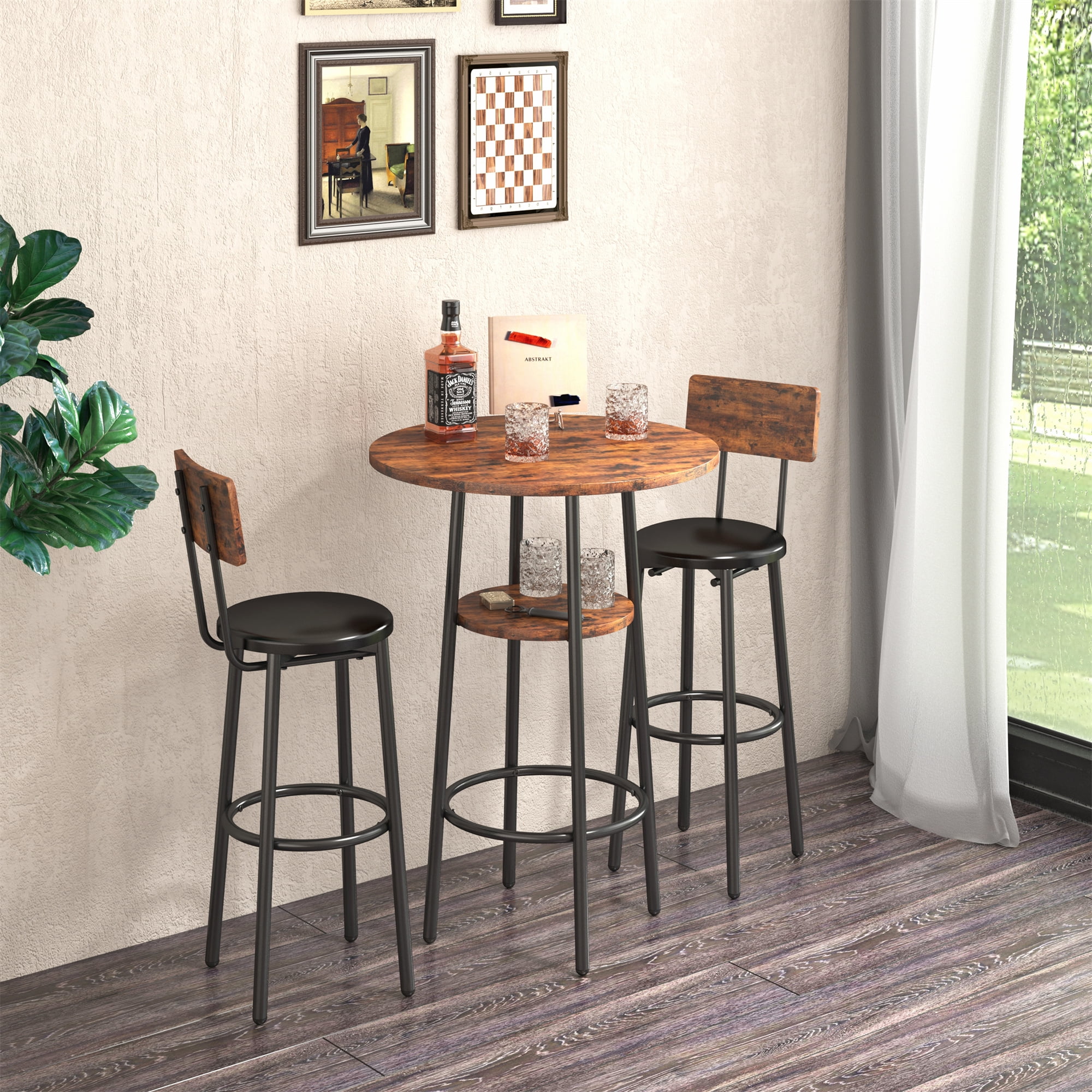 Round Bar Table Set of 3, Rustic Farmhouse Coffee Table with PU ...