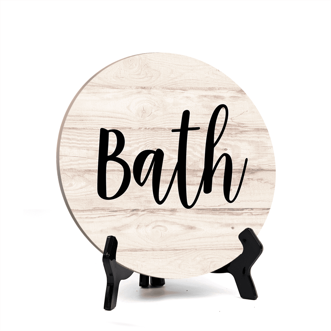 Round Bath, Light Wood Color Bathroom Table Sign with Acrylic Easel (5 ...