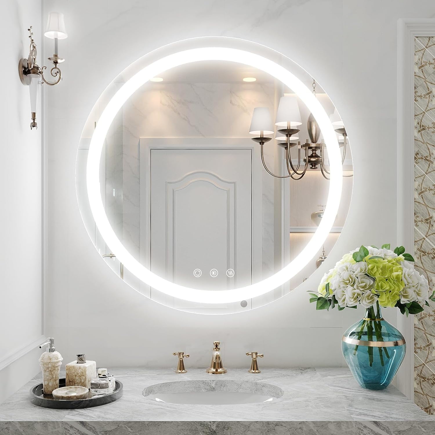 Round Bathroom Mirror LED Light Bathroom Mirror Wall-mounted Bathroom ...