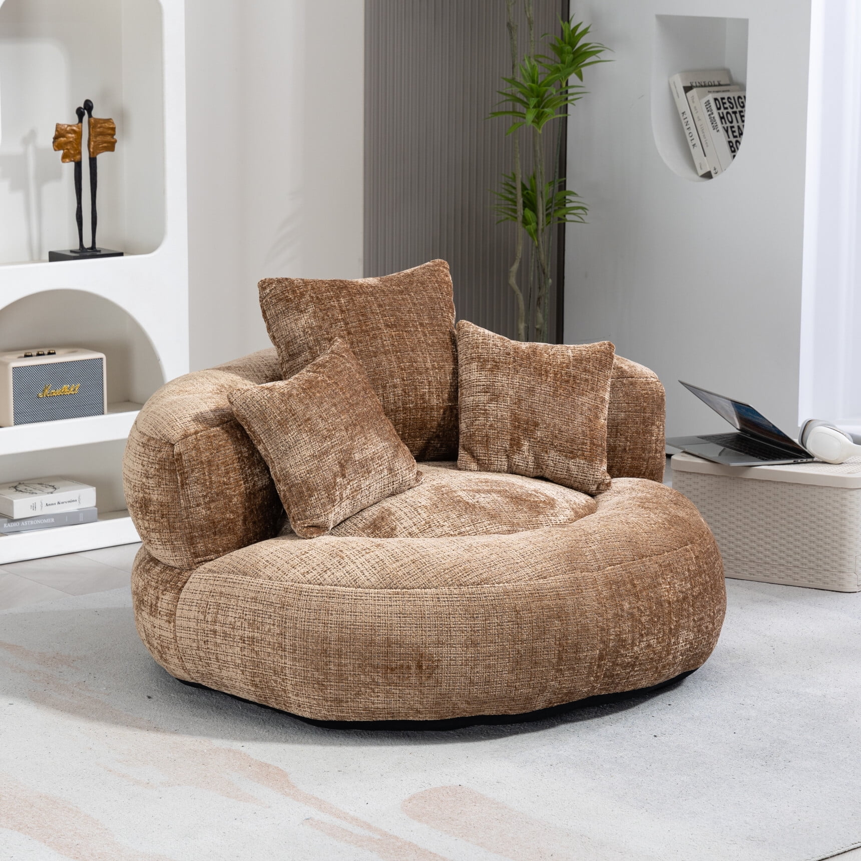 Round Bean Bag Chair with High Back and Armrest, Chenille Lazy Sofa ...