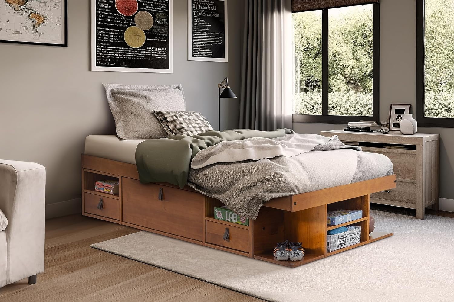 Round Bed Storage Platform with Drawers, Twin Size, Oak Brown Wood ...