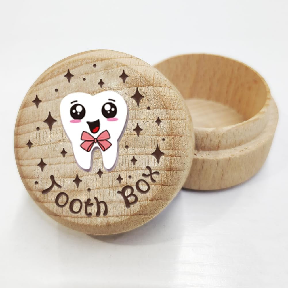Round Beech Wooden 3D Engraved My First Tooth Box with Acrylic Cabochon ...