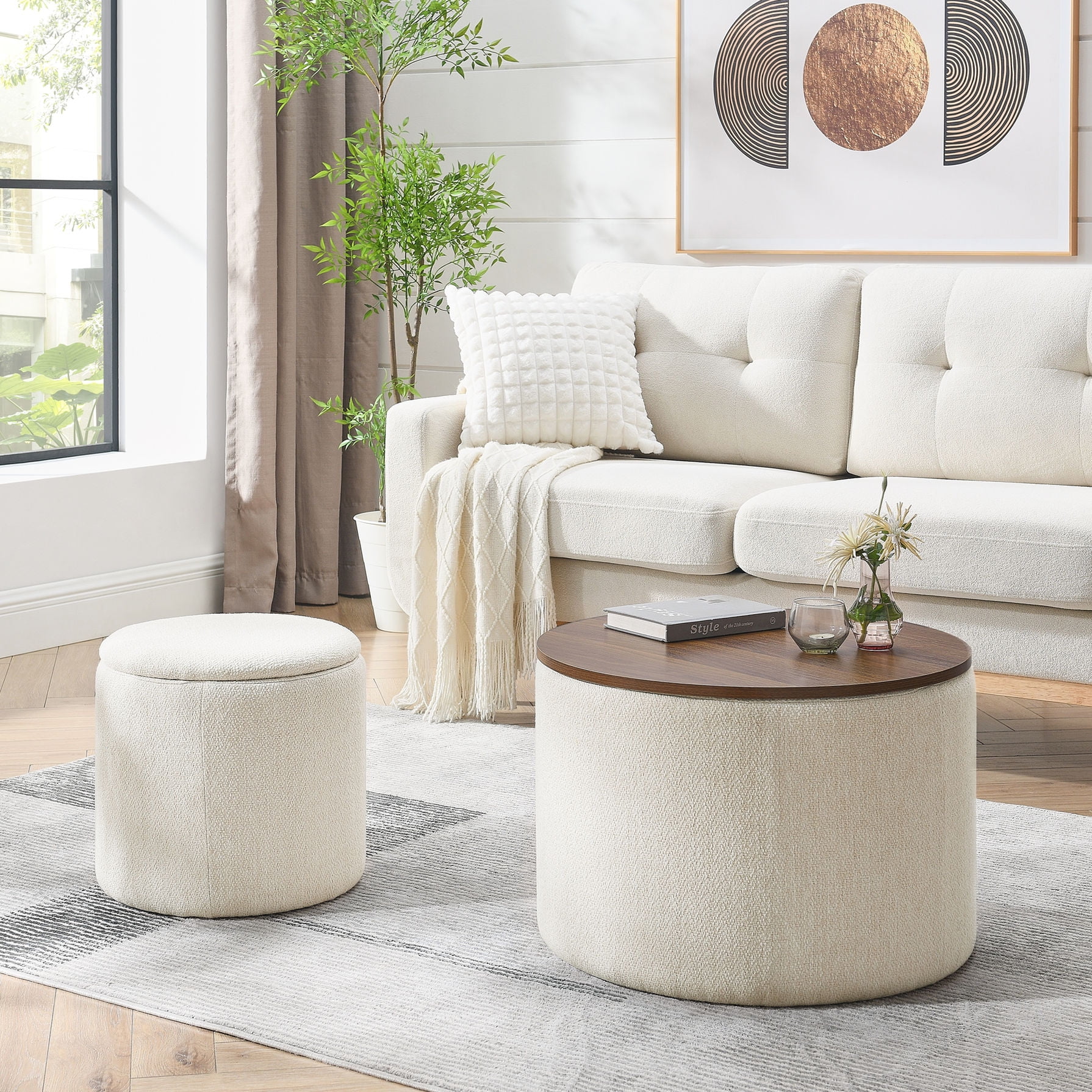 Round Beige Ottoman with Storage - Multiple Use Scenarios ...